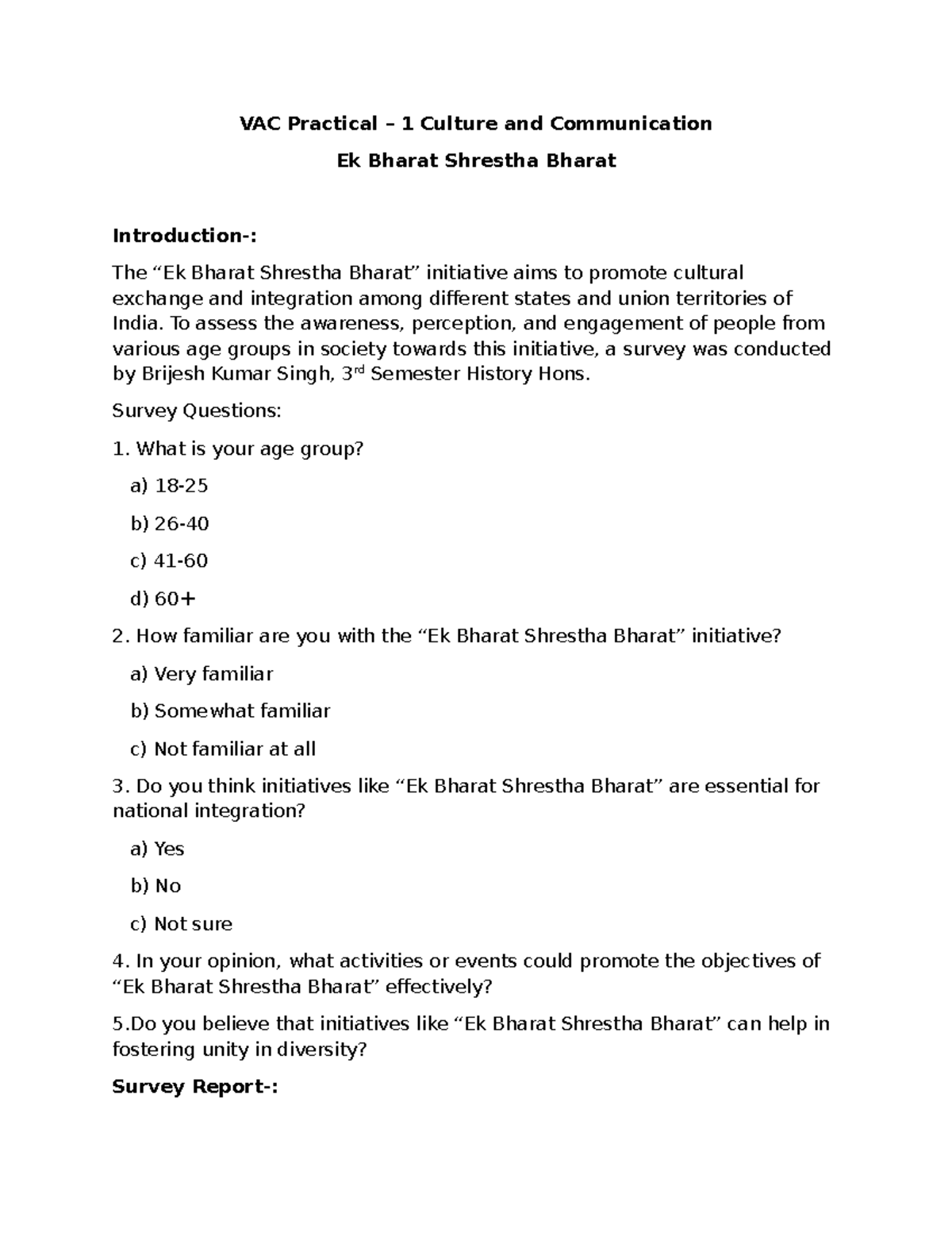 Vac Practical - VAC Practical – 1 Culture and Communication Ek Bharat Shrestha Bharat ...