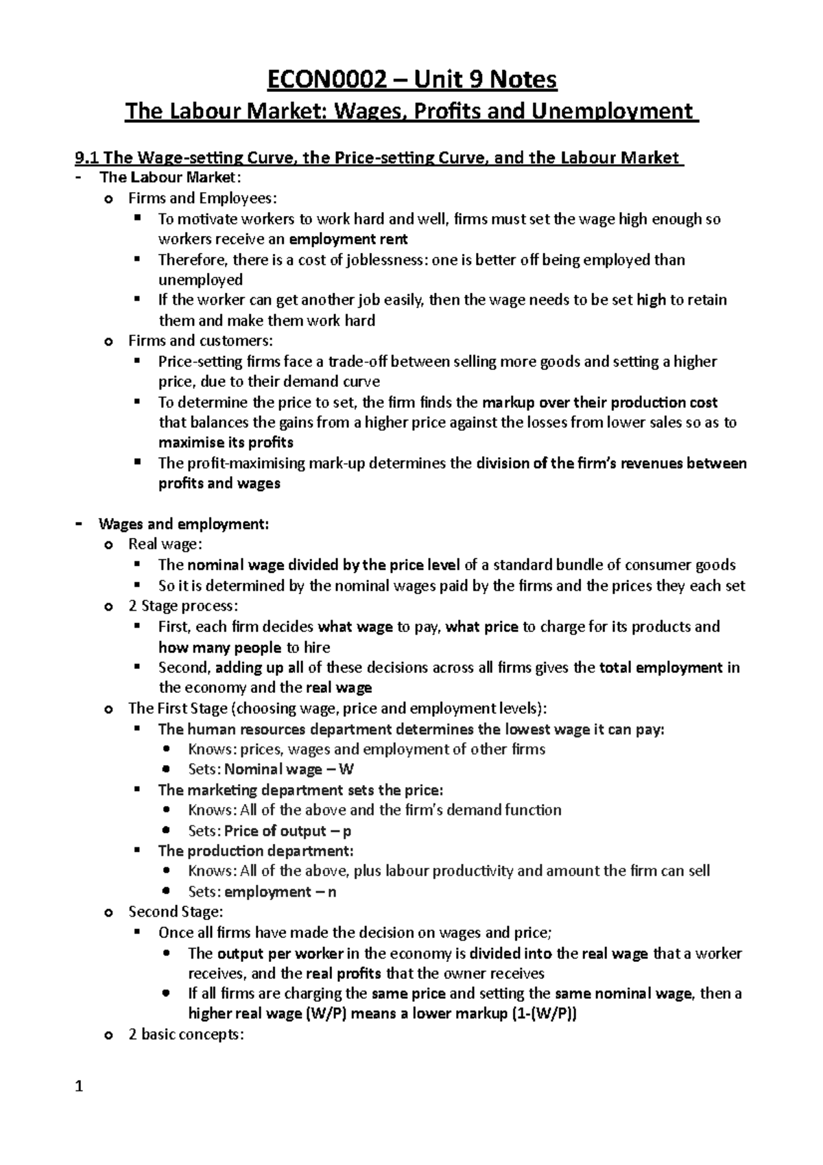 Econ0002 - Unit 09 Notes - ECON0002 – Unit 9 Notes The Labour Market ...
