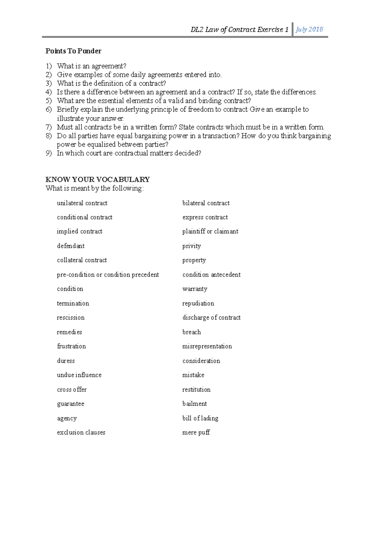 Points To Ponder about in contract as an introduction - DL2 Law of ...