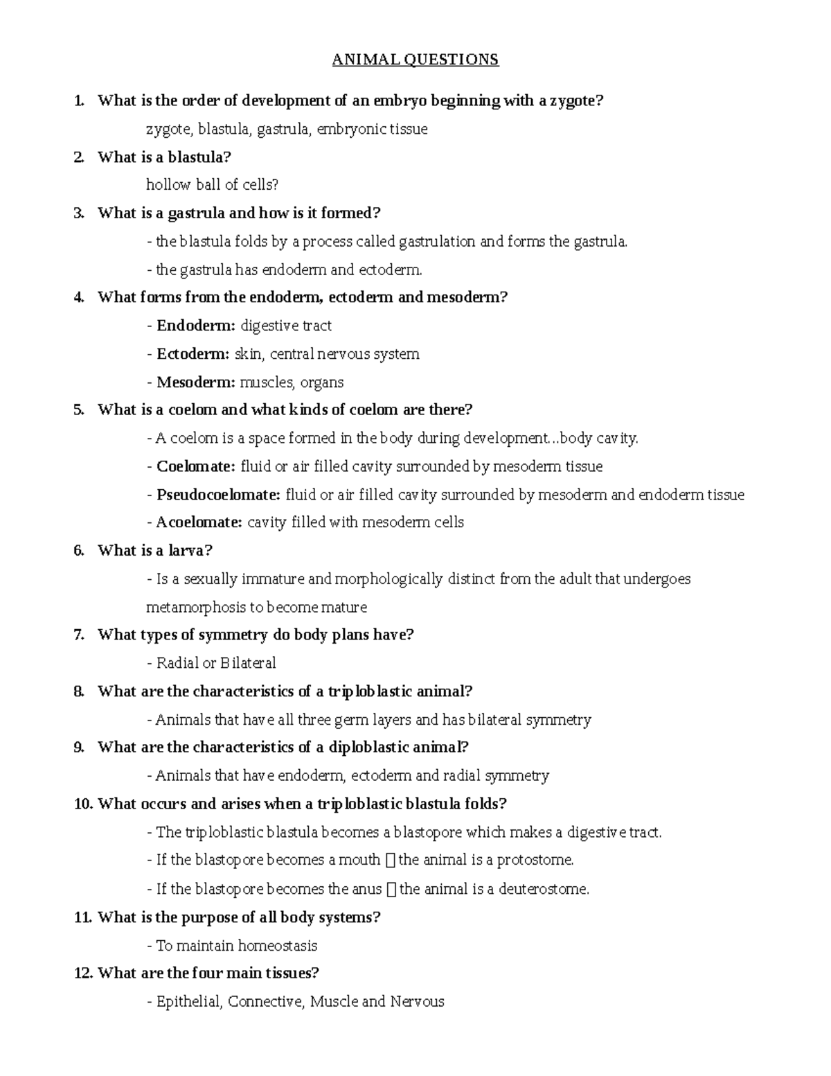 BIOL 225 Animal Exam Prep - ANIMAL QUESTIONS What is the order of ...