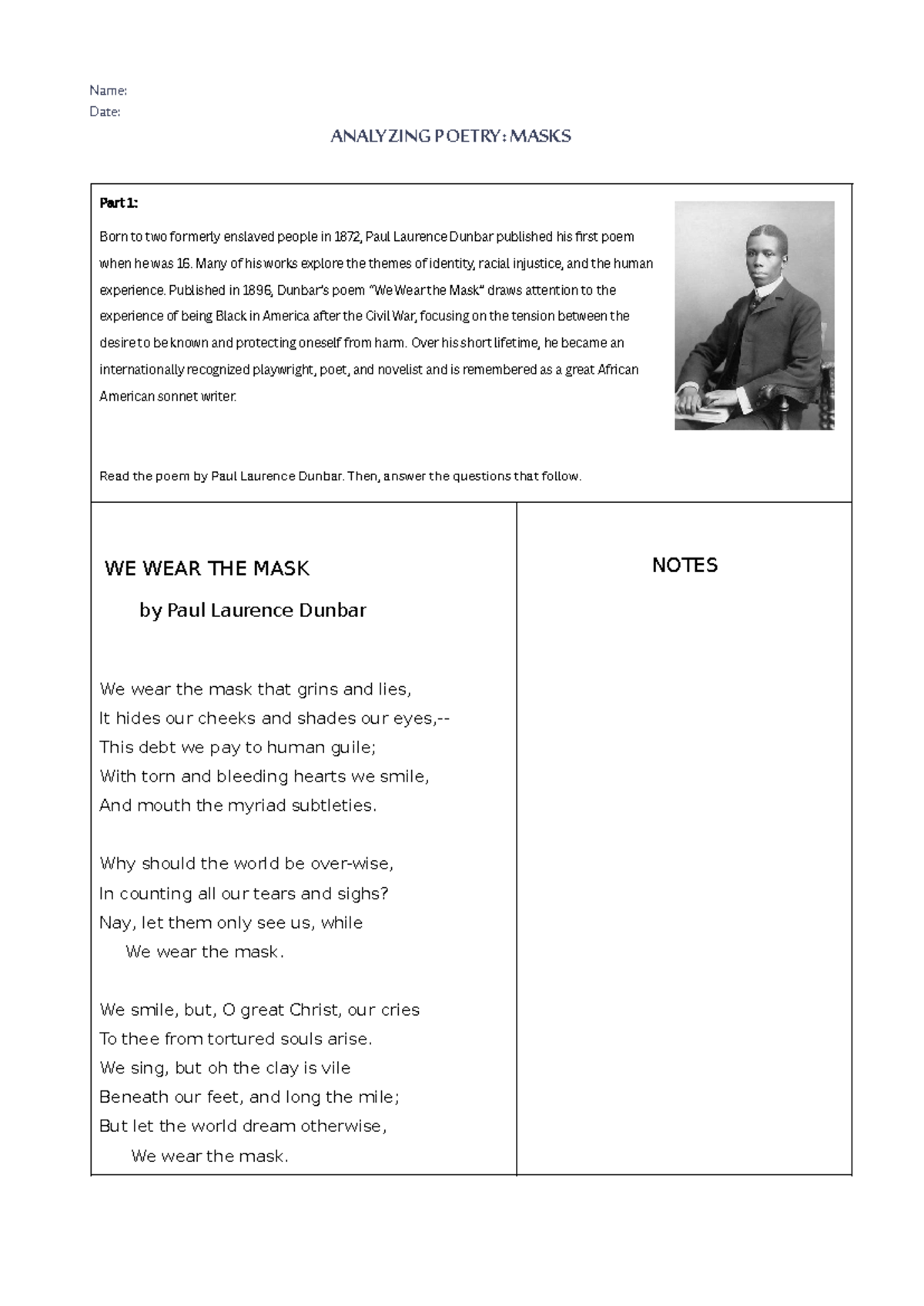 Masks Poems - On how to fill out thsi== document - Name: Date ...