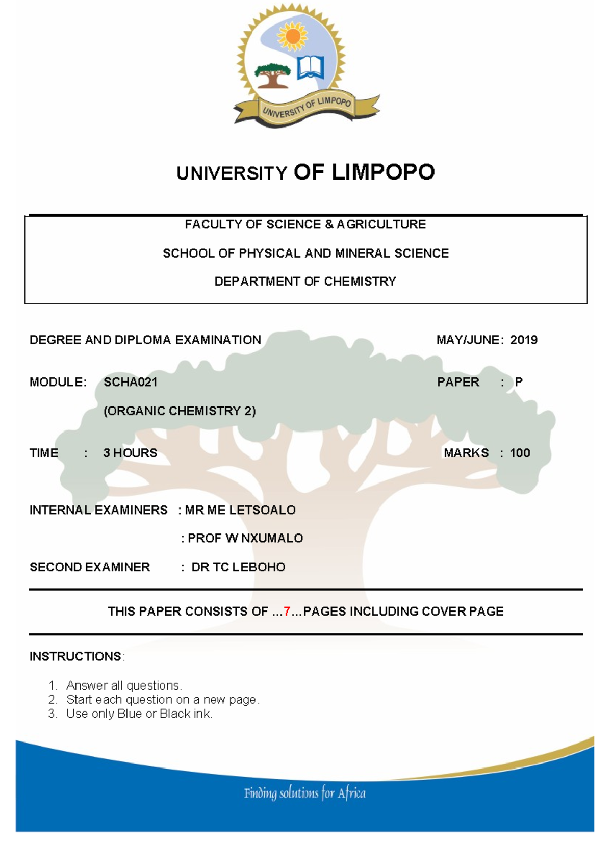 SCHA021 EXAM (2019 ) - Question paper - UNIVERSITY OF LIMPOPO FACULTY ...