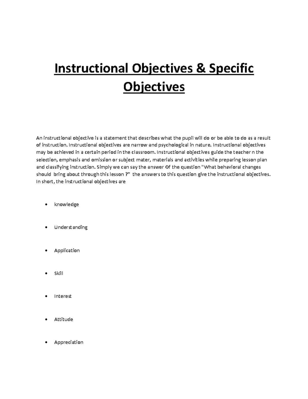 Instructional Objectives & Specific Objectives - Instructional ...