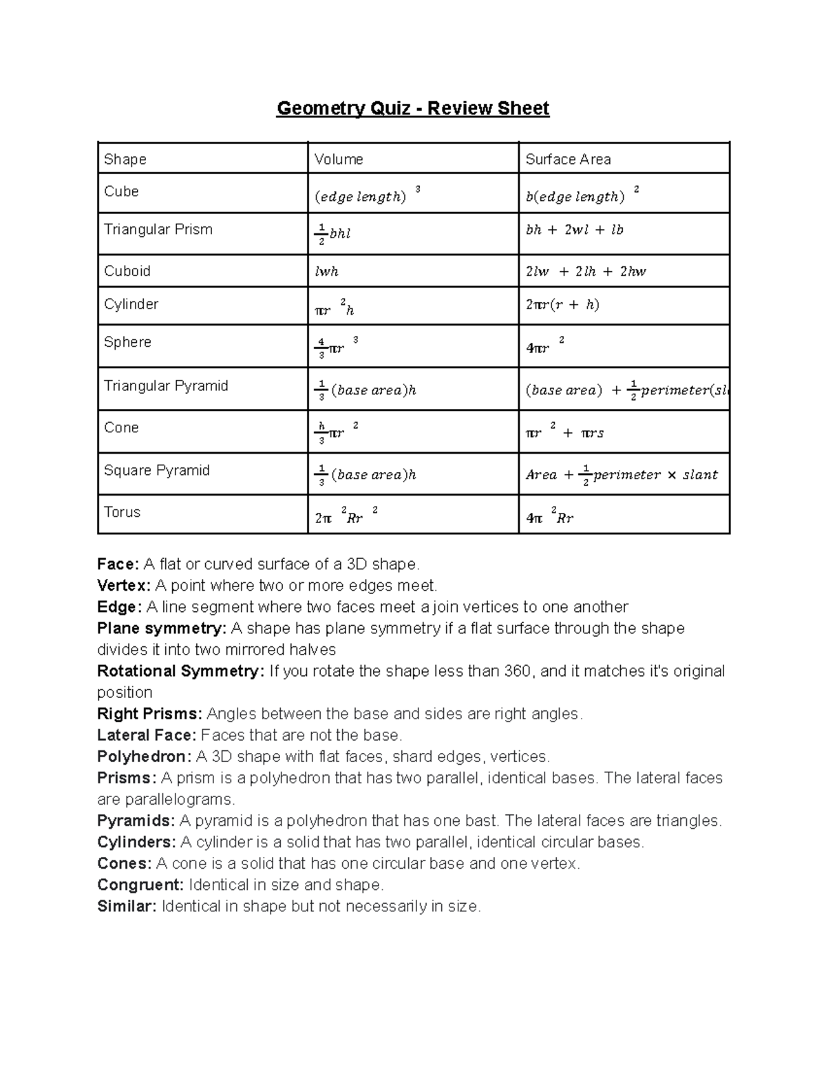 Geometry Quiz Review Sheet - Math G7 - Geometry Quiz - Review Sheet ...