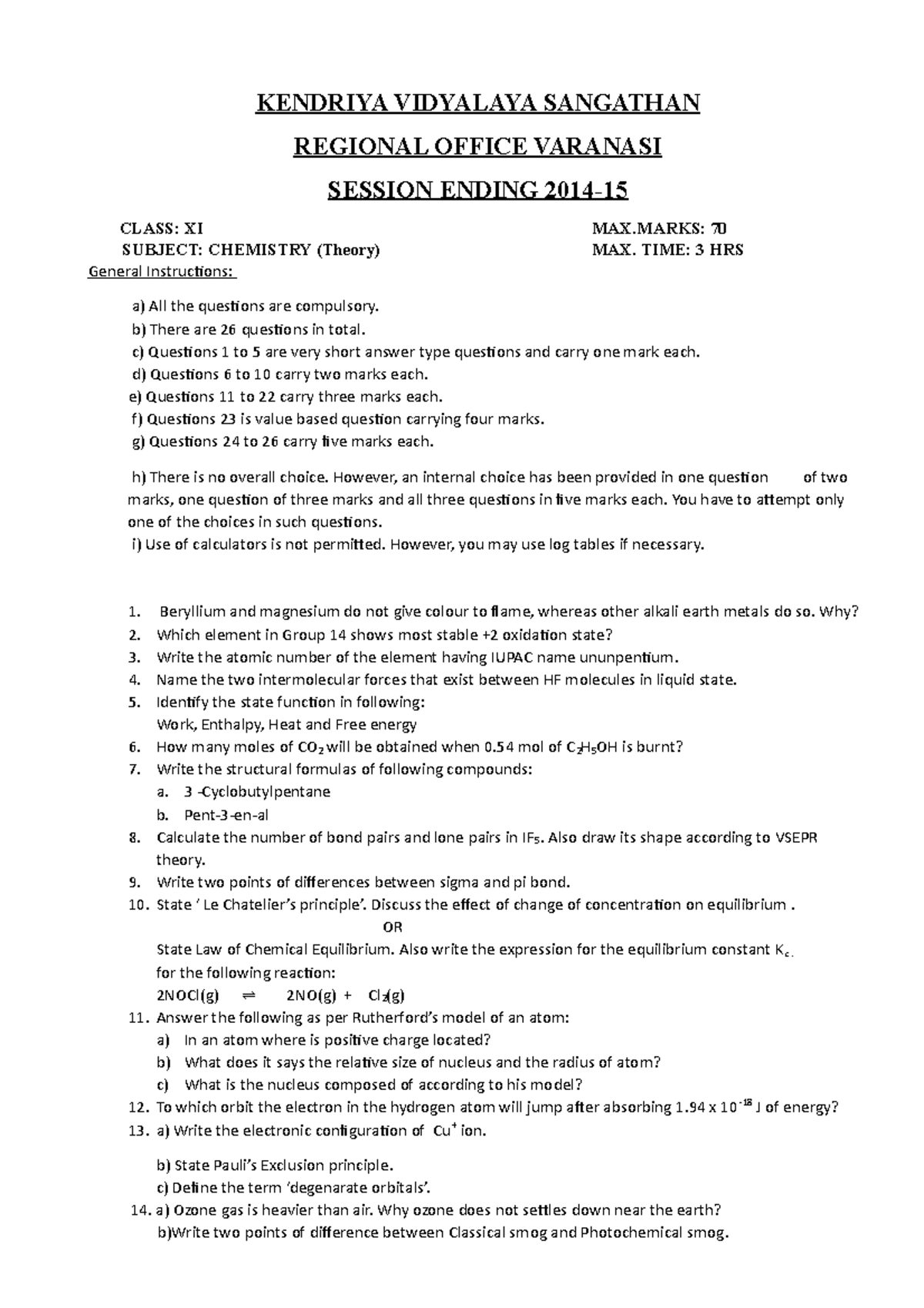 Class xi chemistry se 2014 15 - KENDRIYA VIDYALAYA SANGATHAN REGIONAL ...