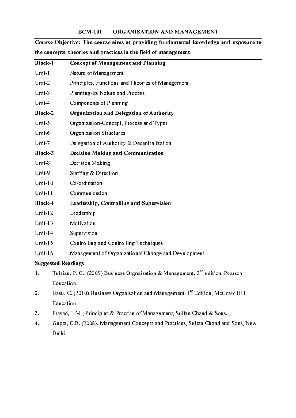 BCM-101 - Questions answer - BCM-101 ORGANISATION AND MANAGEMENT Course ...