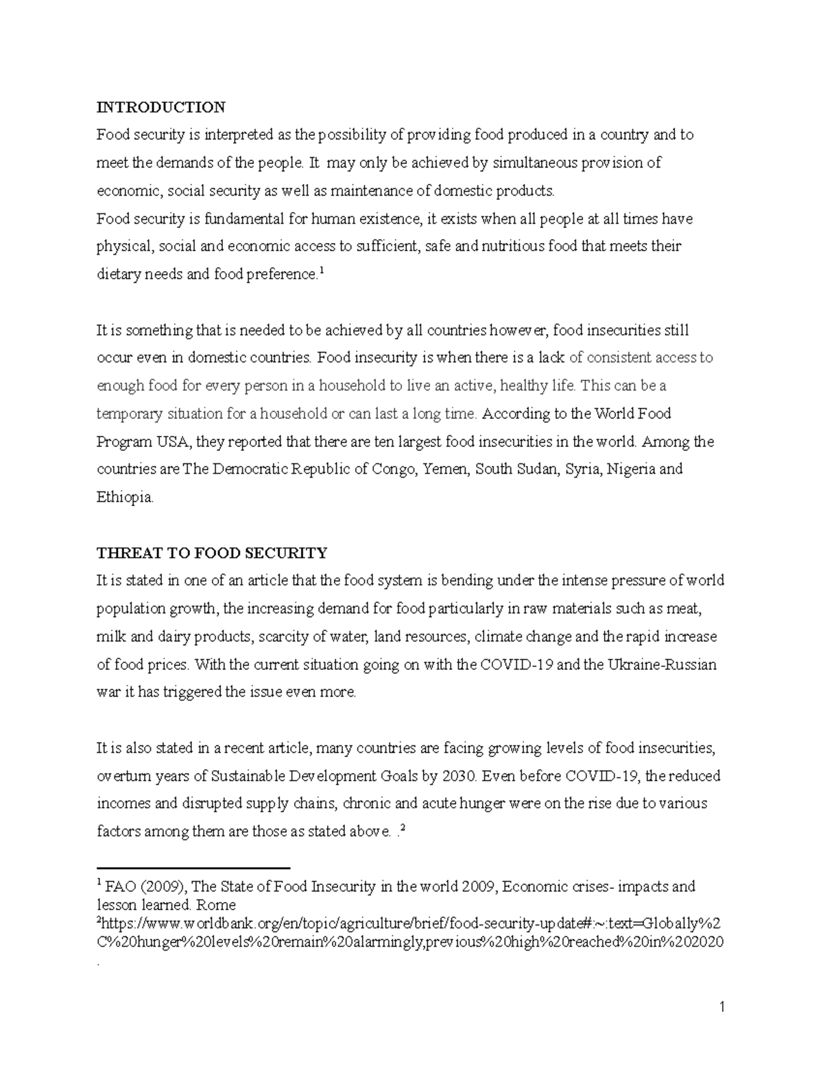 Food insecurities - Research paper - INTRODUCTION Food security is ...