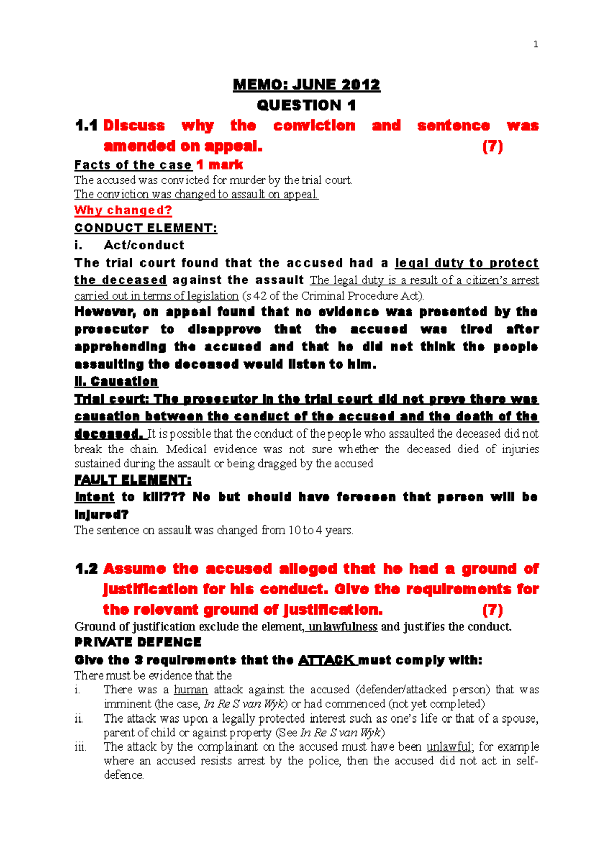 Memo Introduction to Criminal Law - MEMO: JUNE 2012 QUESTION 1 1 ...