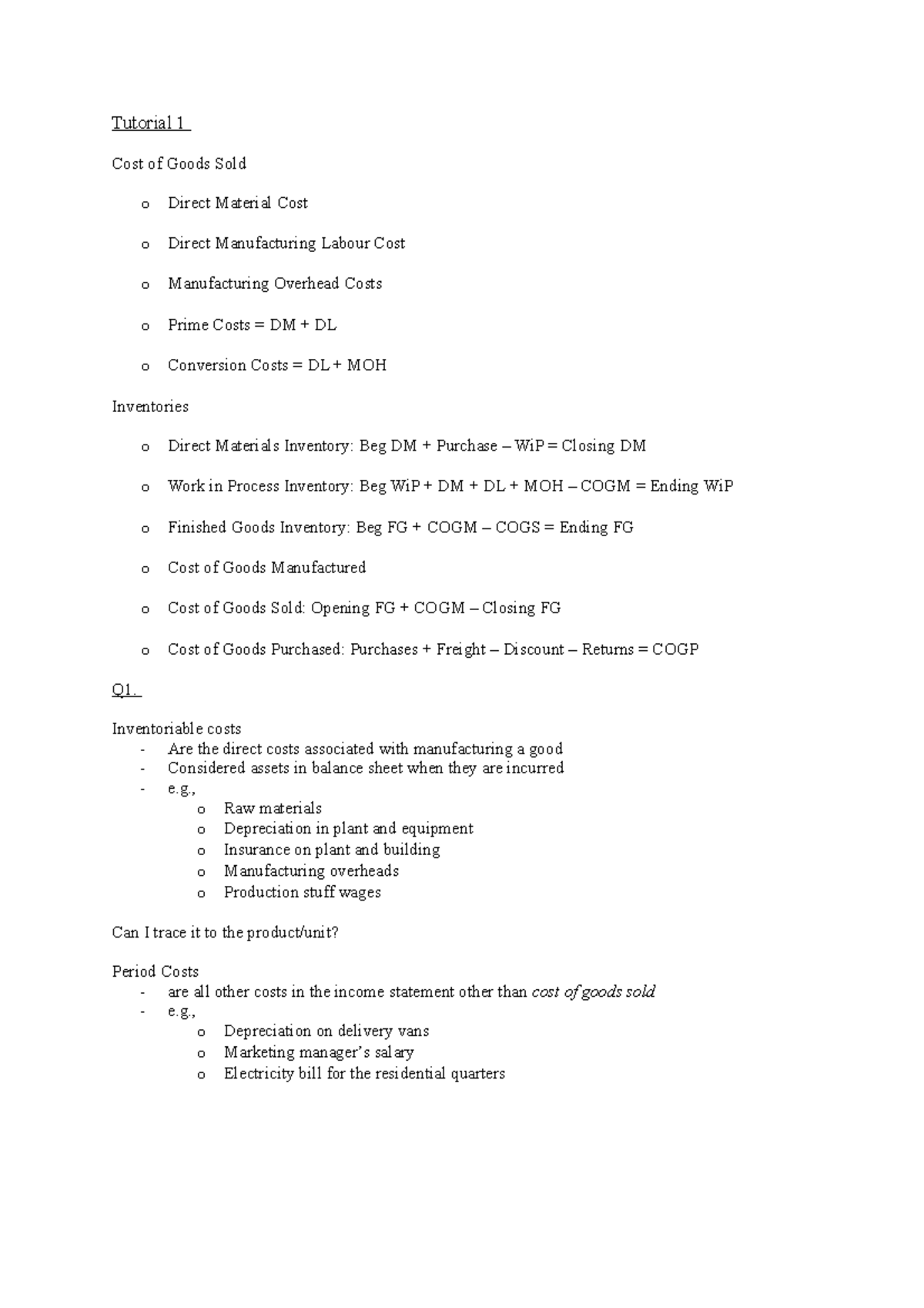 ACCT1102 Tute 1-2 - first few tutorials - Tutorial 1 Cost of Goods Sold ...