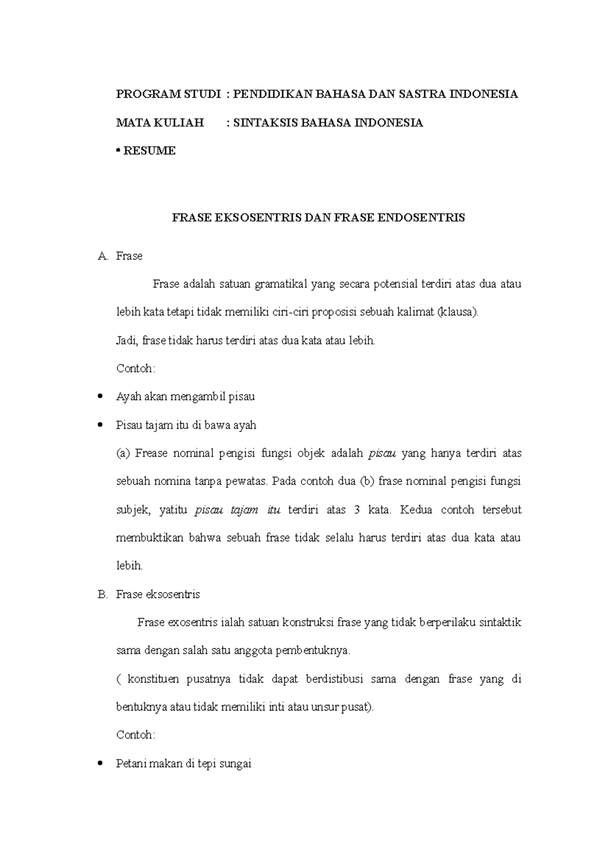 Resume Sintaksis Bahasa Indonesia (Frase Eksosentris Dan Frase ...