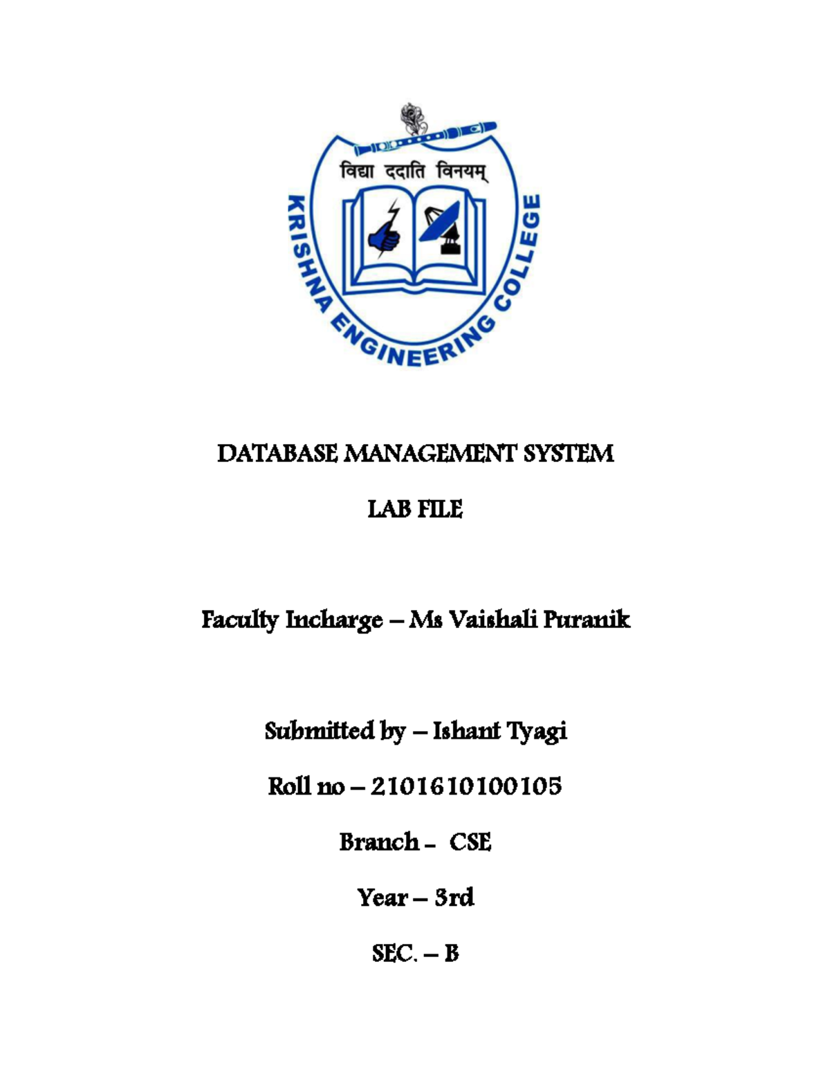 Database Management System - DATABASE MANAGEMENT SYSTEM LAB FILE ...
