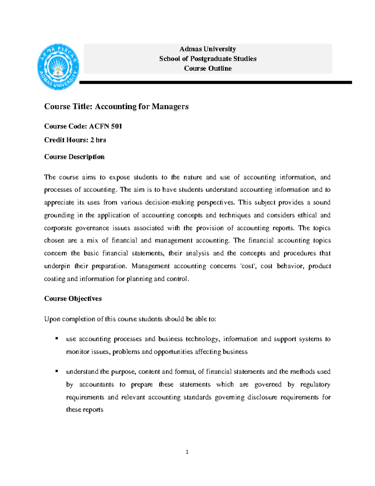 Accounting for Managers - Admas University School of Postgraduate ...