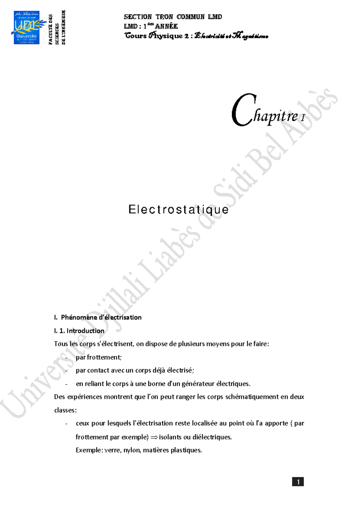 St-sba physique 2-cours - Chapitre I Ele c t rost a t ique I. Phénomène ...