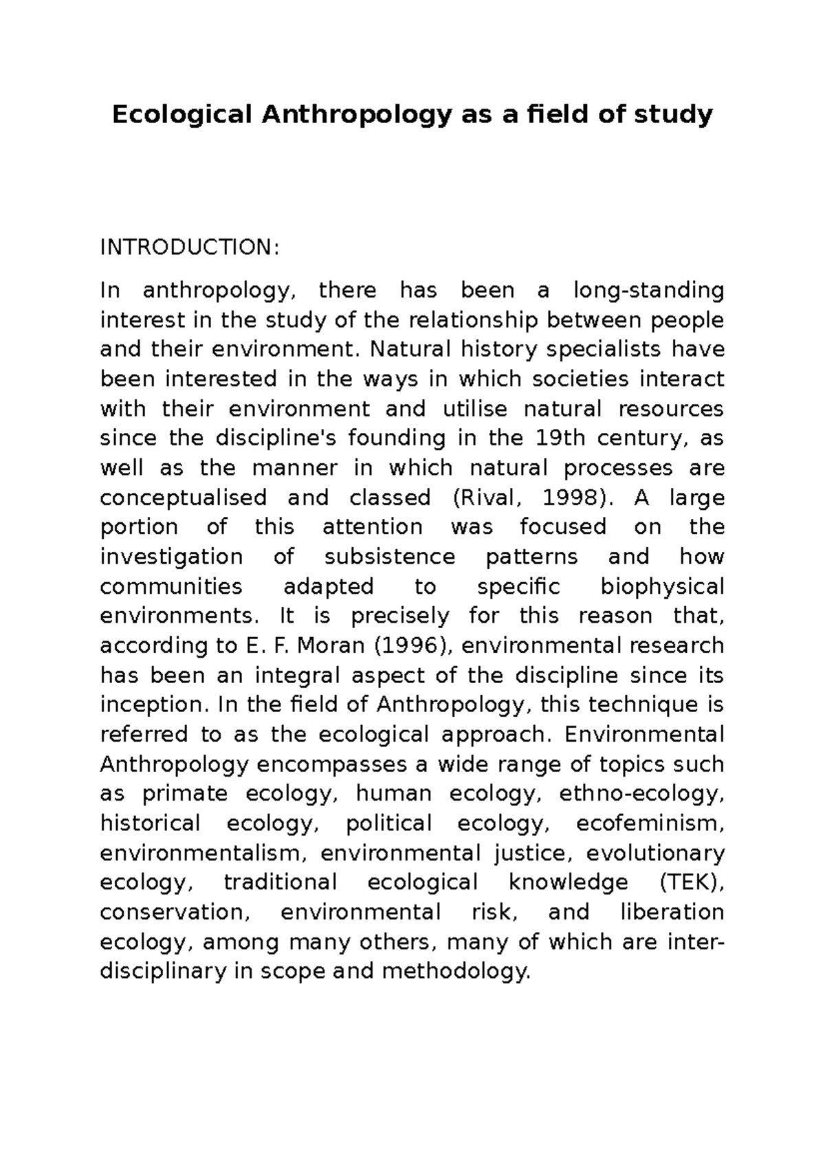 Ecological Anthropology as a field of study - Ecological Anthropology ...