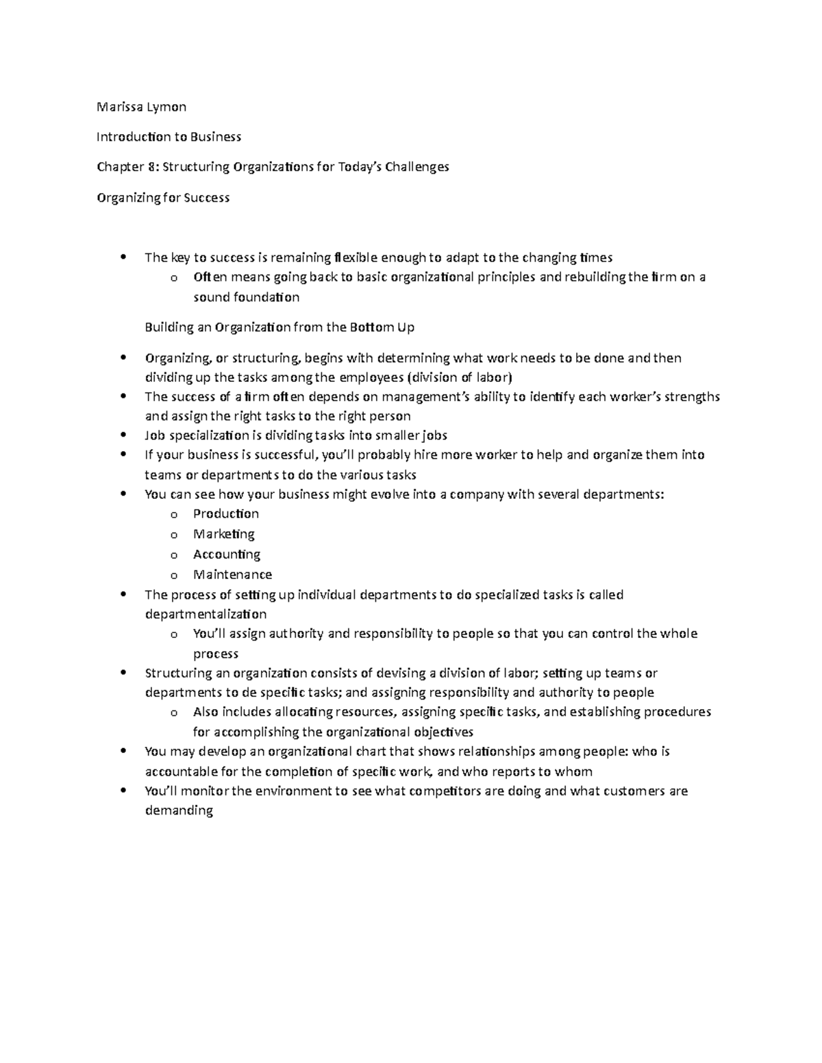 Organizing for Success - Marissa Lymon Introduction to Business Chapter ...