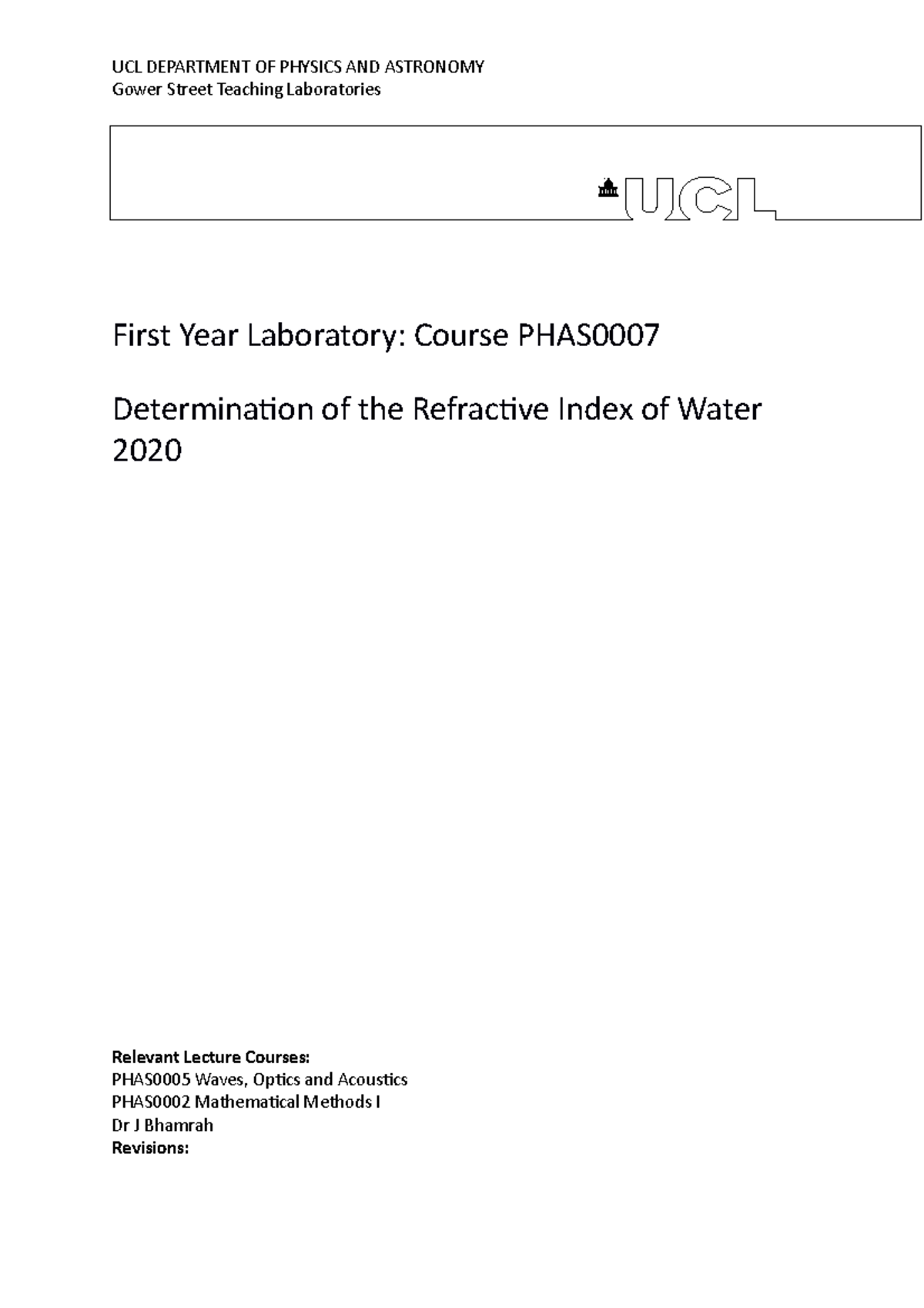 Lab script - Refractive index of water - UCL DEPARTMENT OF PHYSICS AND ...