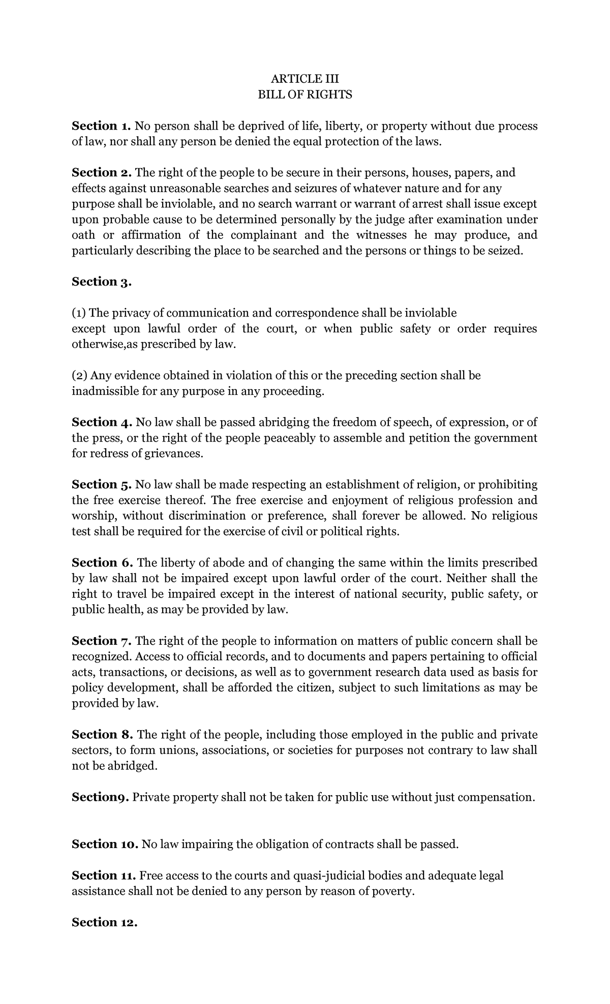 Article III - ARTICLE III BILL OF RIGHTS Section 1. No person shall be ...