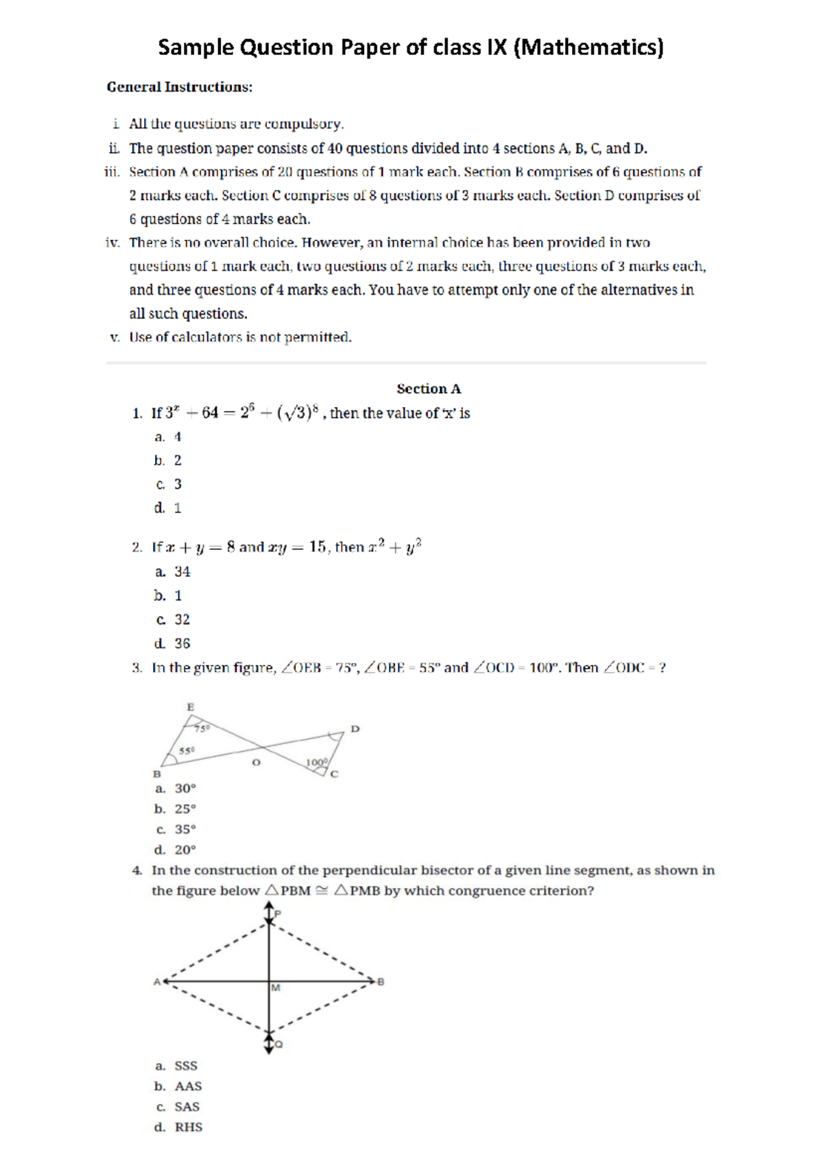 9-maths - Diploma - Sample Question Paper of class IX (Mathematics ...
