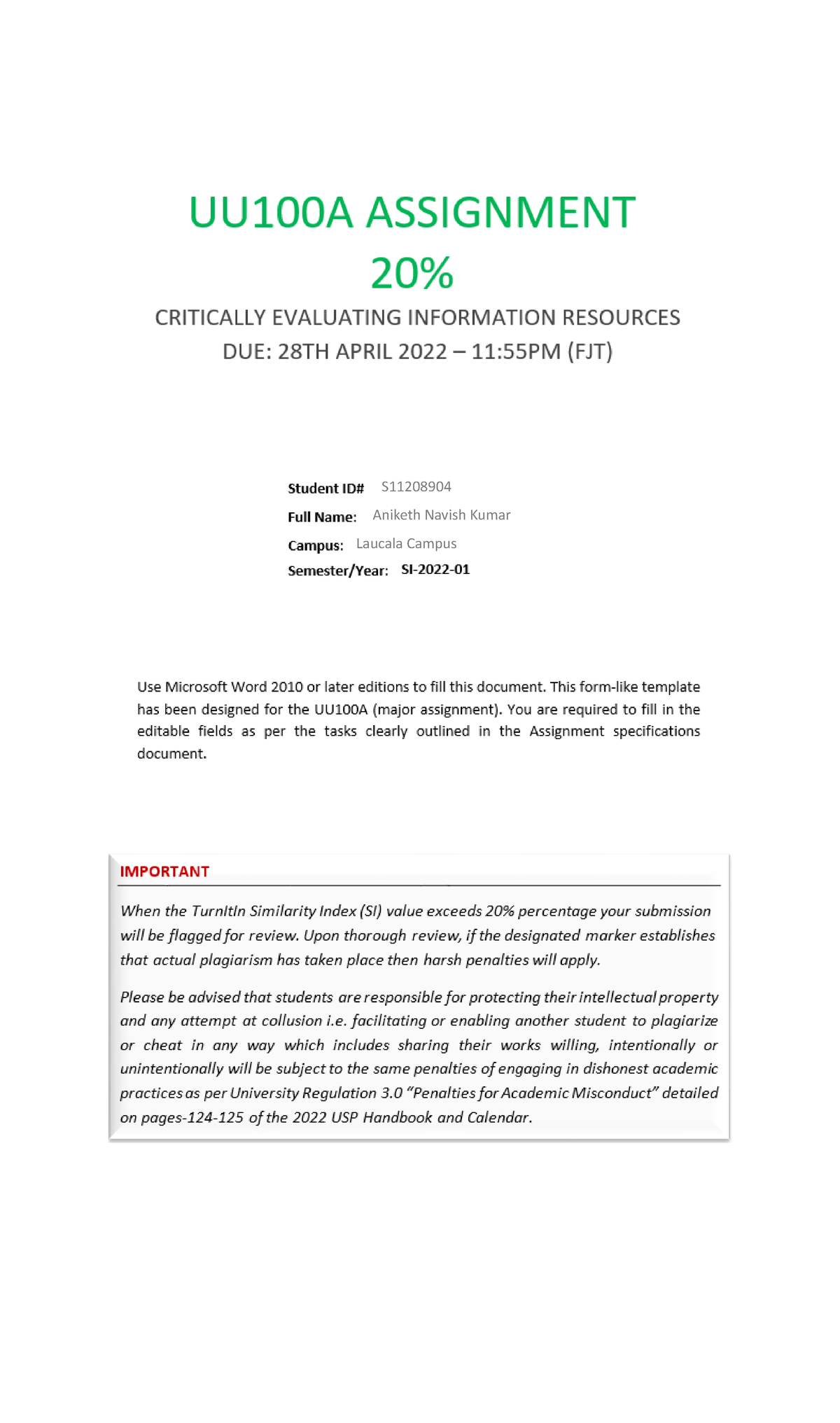 UU100A - Assignment S1208904 Template - SI-2022-01 - S Aniketh Navish ...