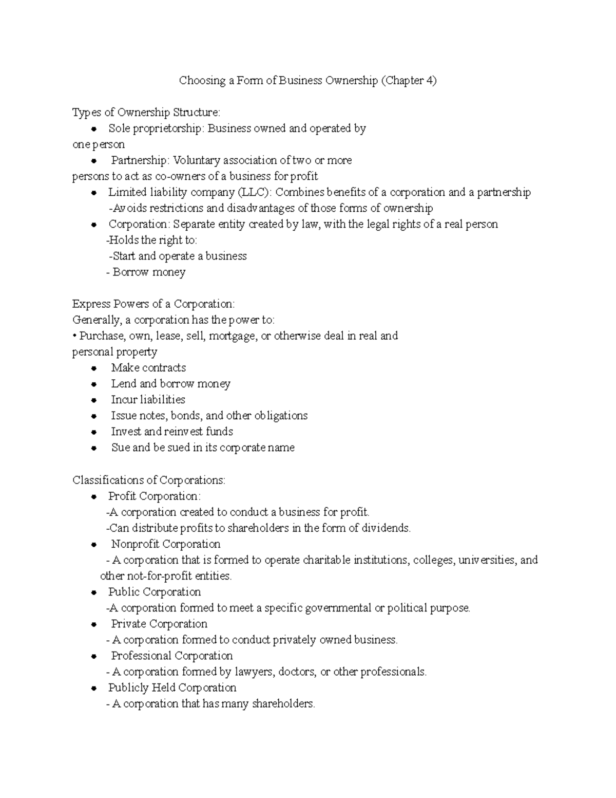 Choosing a Form of Business Ownership (Chapter 4) -Can distribute ...