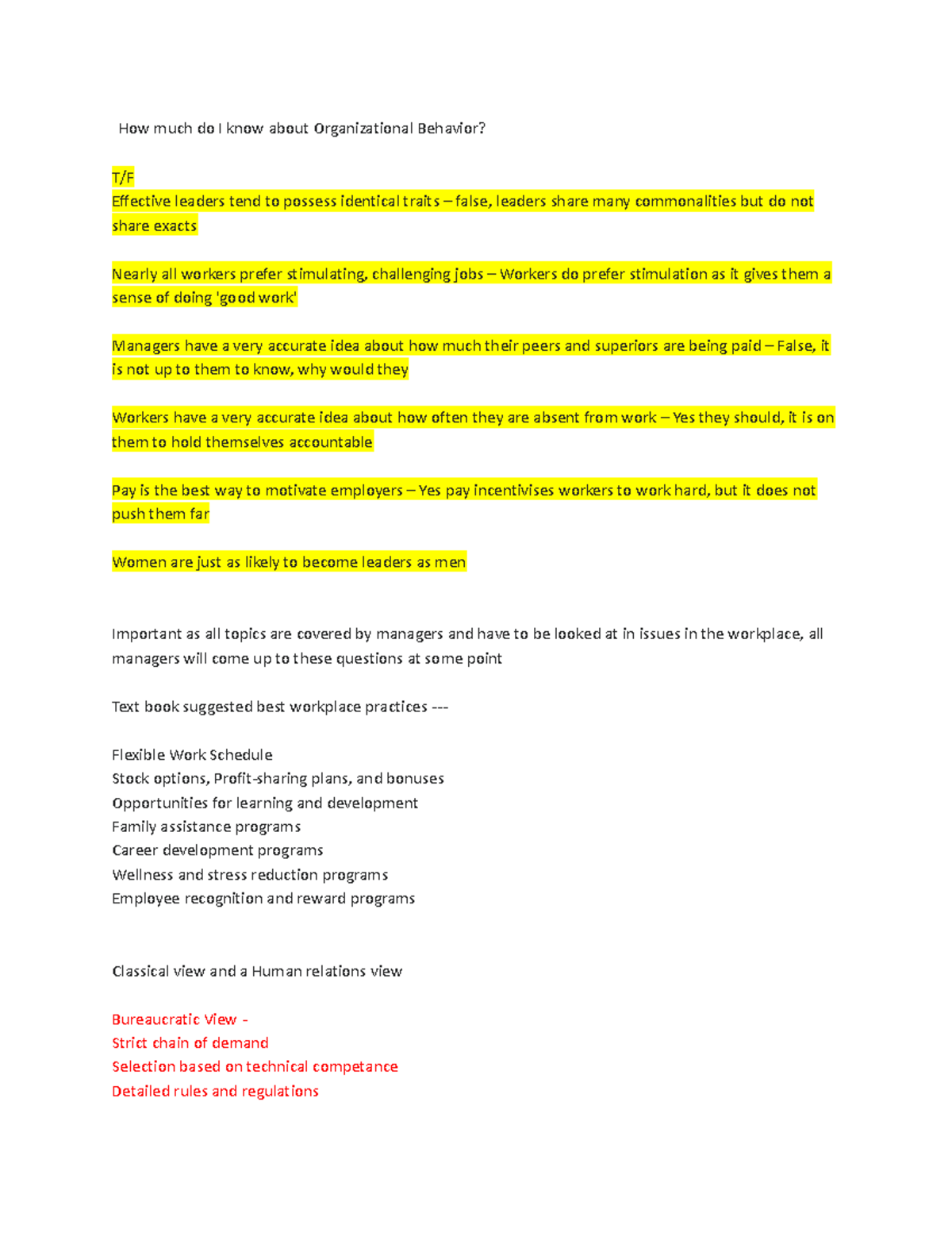 OBHR Notes - How much do I know about Organizational Behavior? T/F ...