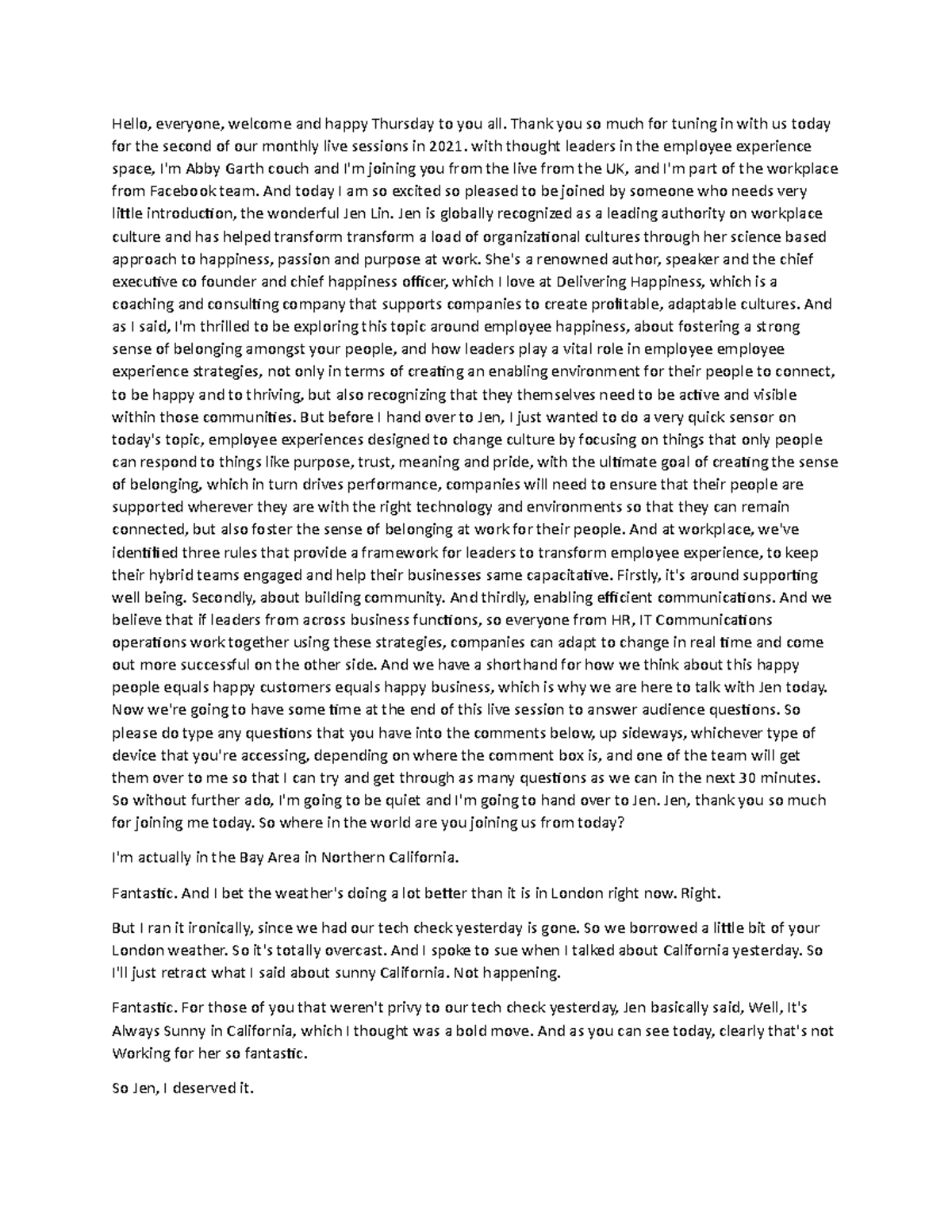 Transcript - Hello, everyone, welcome and happy Thursday to you all ...