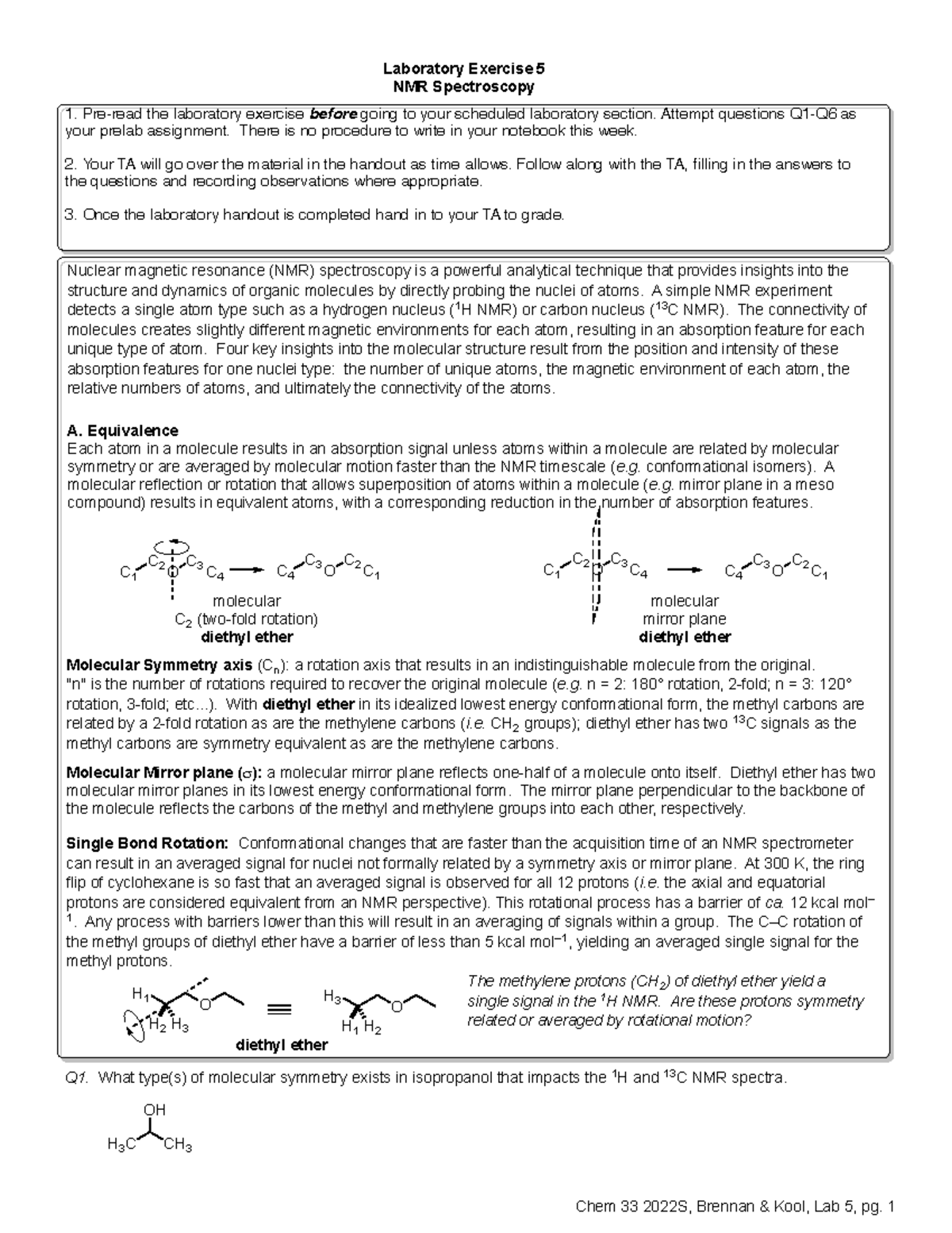 Chem33 2022W Lab5 NMR blank - Laboratory Exercise 5 NMR Spectroscopy ...