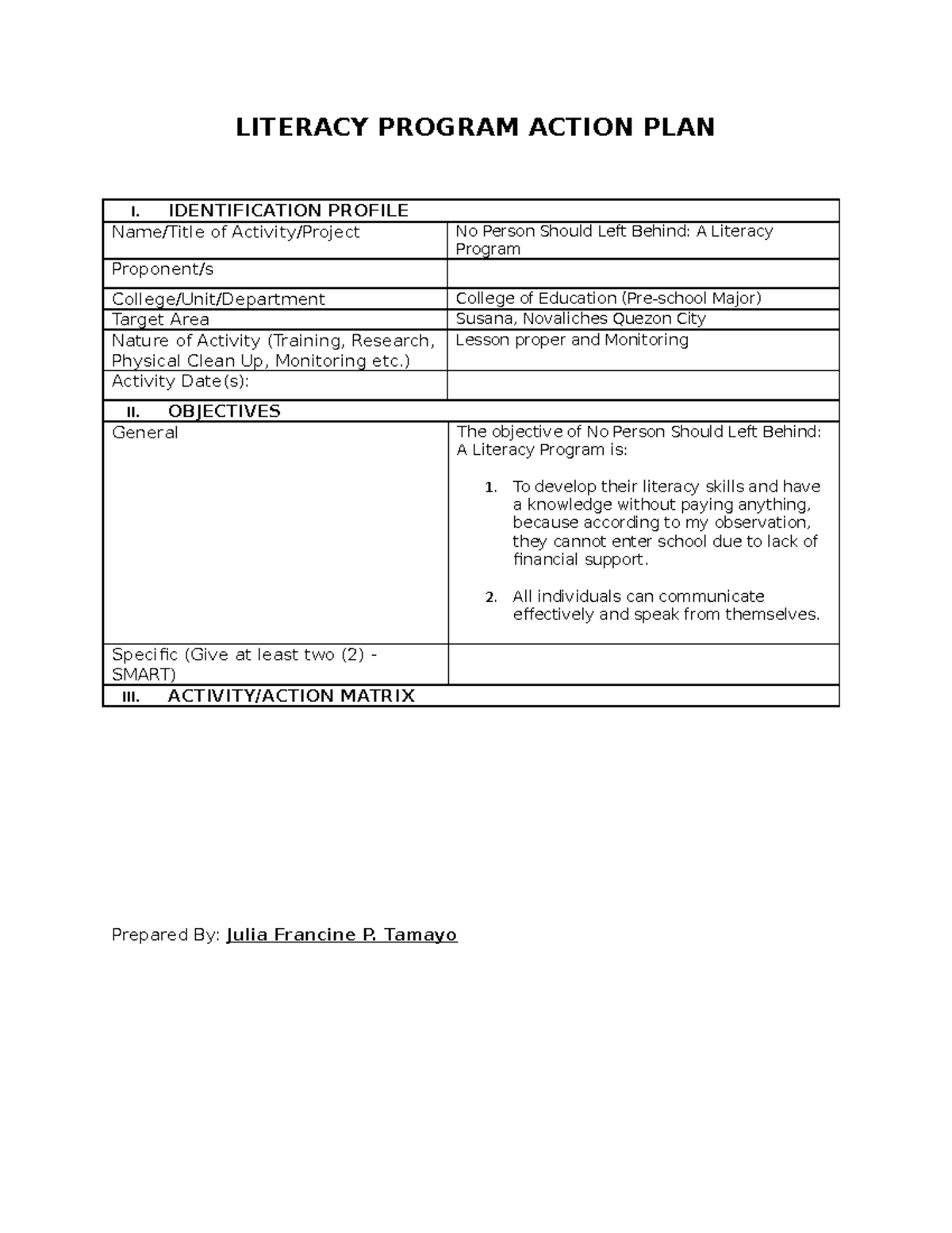 Literacy Program Action PLAN Tamayo, Julia - Rizal’s Life, Works And ...