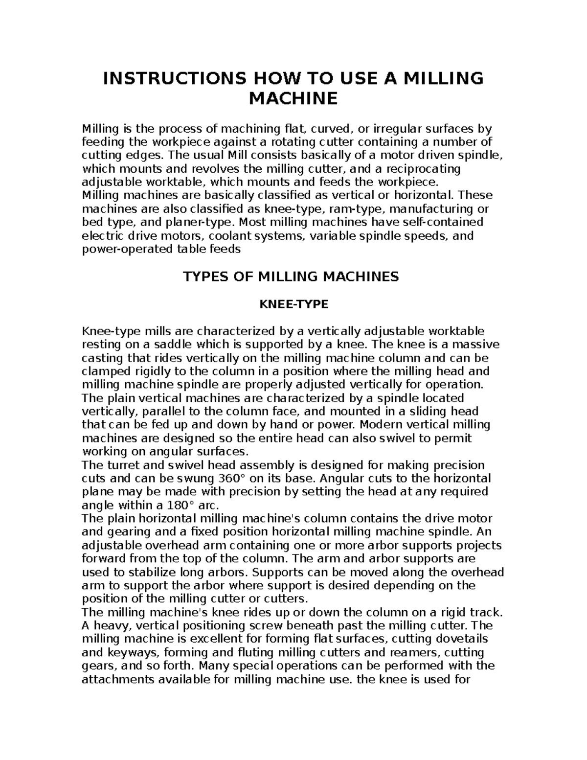 Instructions HOW TO USE A Milling Machine - INSTRUCTIONS HOW TO USE A ...