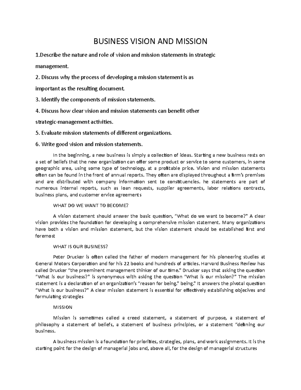 Business Vision AND Mission - BUSINESS VISION AND MISSION 1 the nature ...