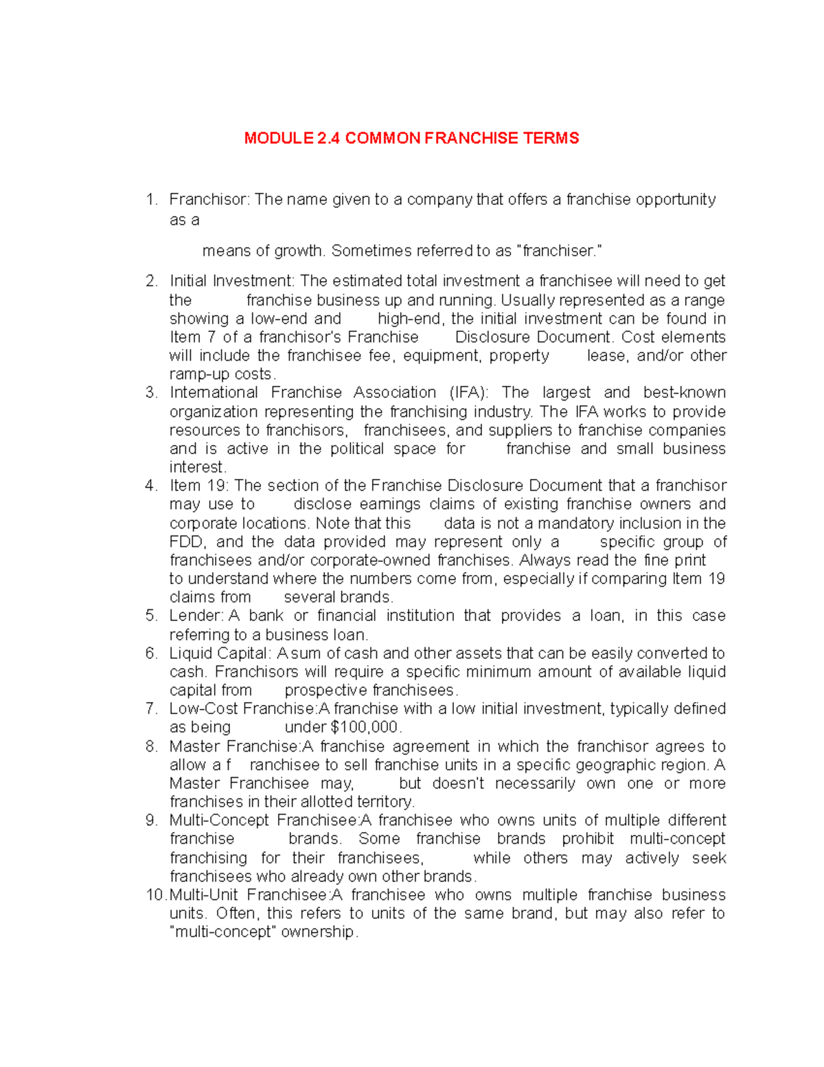 Module 2.4 Common Franchise Terms - MODULE 2 COMMON FRANCHISE TERMS ...