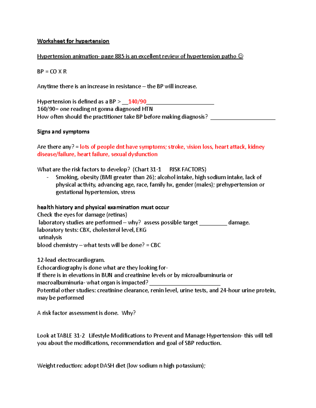 Worksheet for hypertension - Worksheet for hypertension Hypertension ...