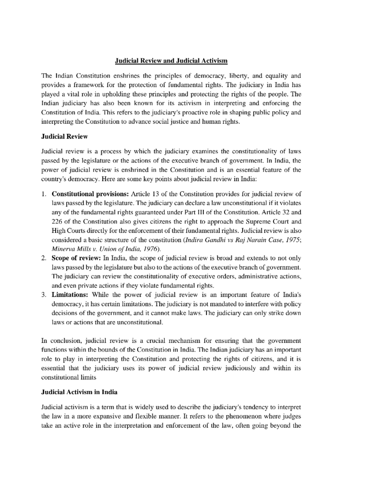 Judicial activism - Notes. - Integrated law - Studocu