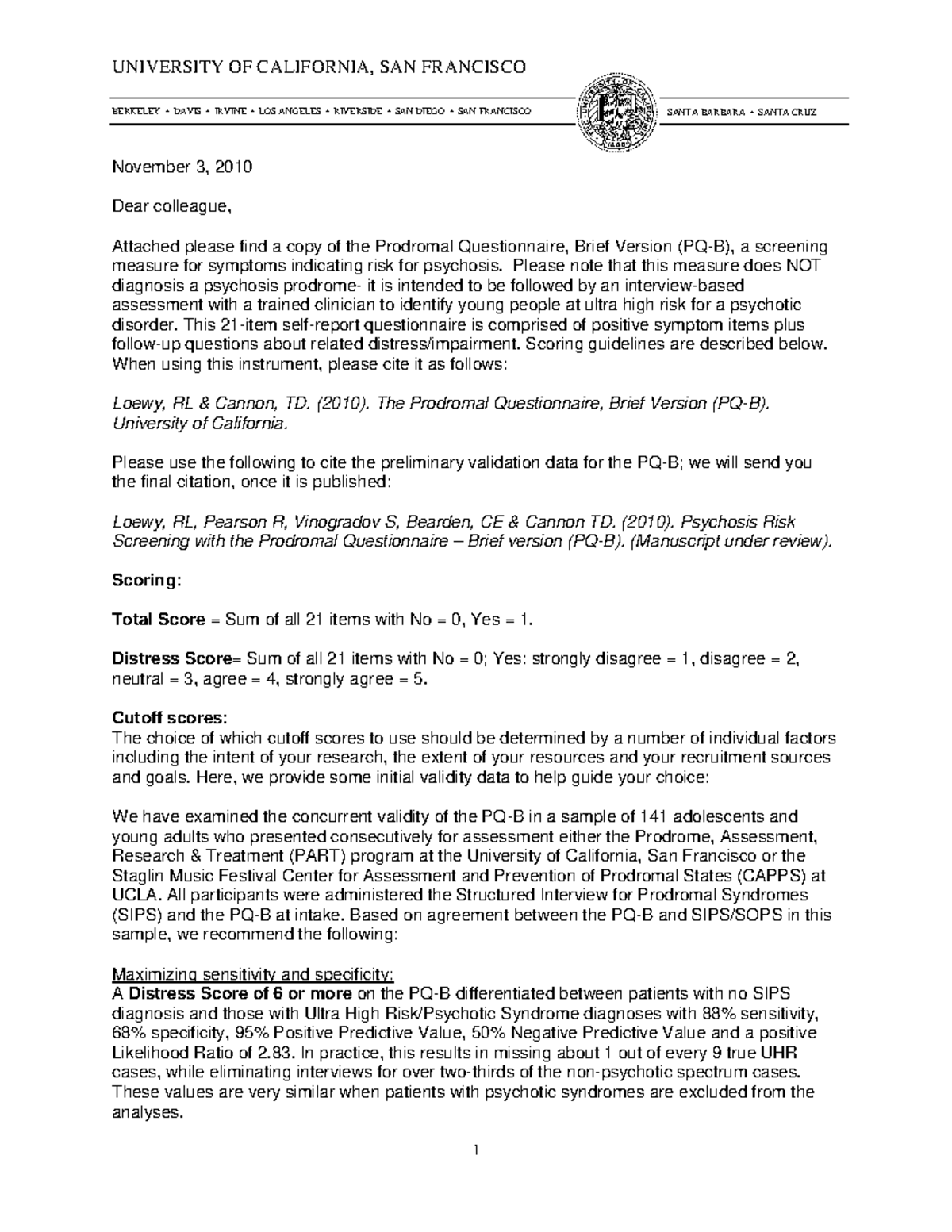 High Risk Psychosis Screener - PQ-B - UNIVERSITY OF CALIFORNIA, SAN ...