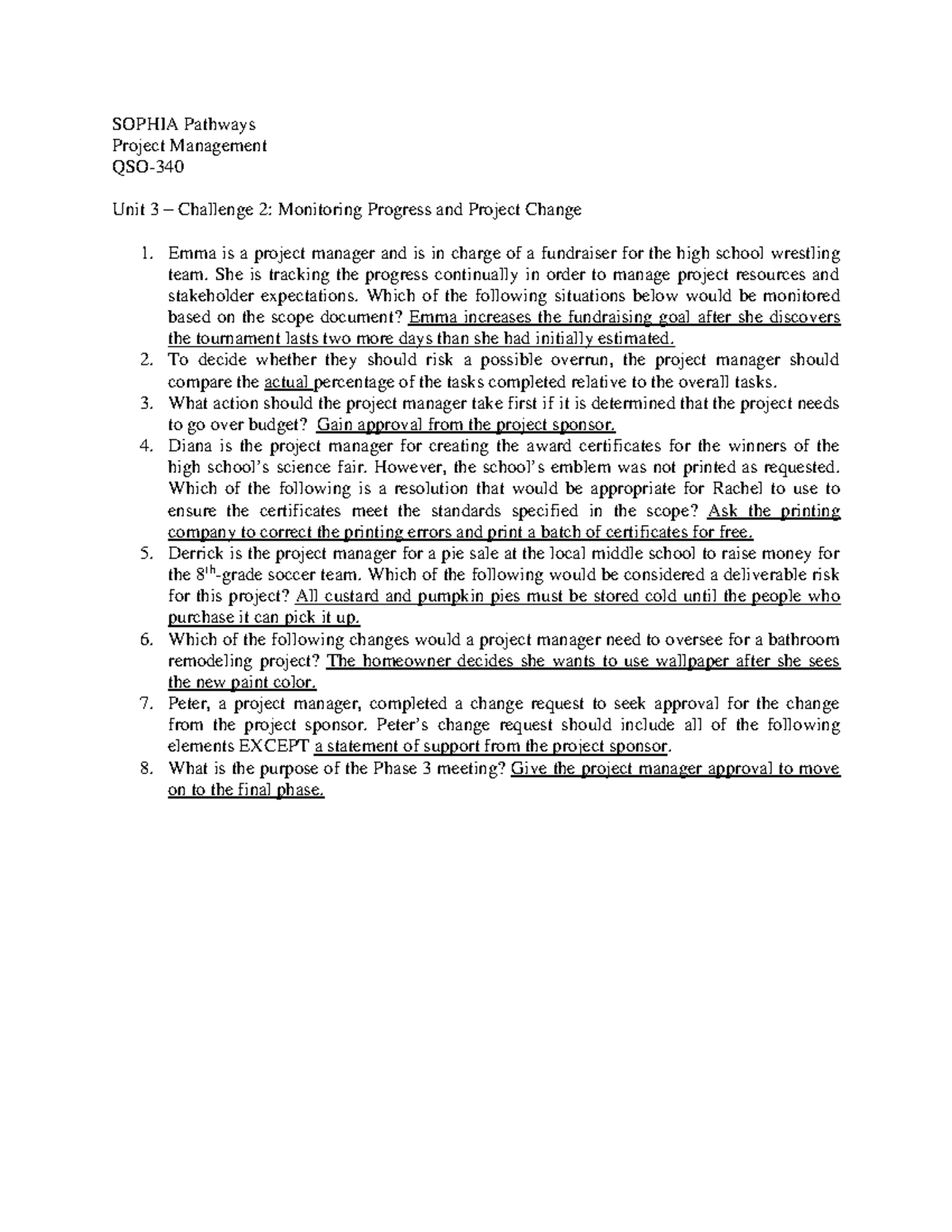 Sophia - Unit 3 - Challenge 2 Project Mgmt QSO-340 - SOPHIA Pathways Project Management QSO ...