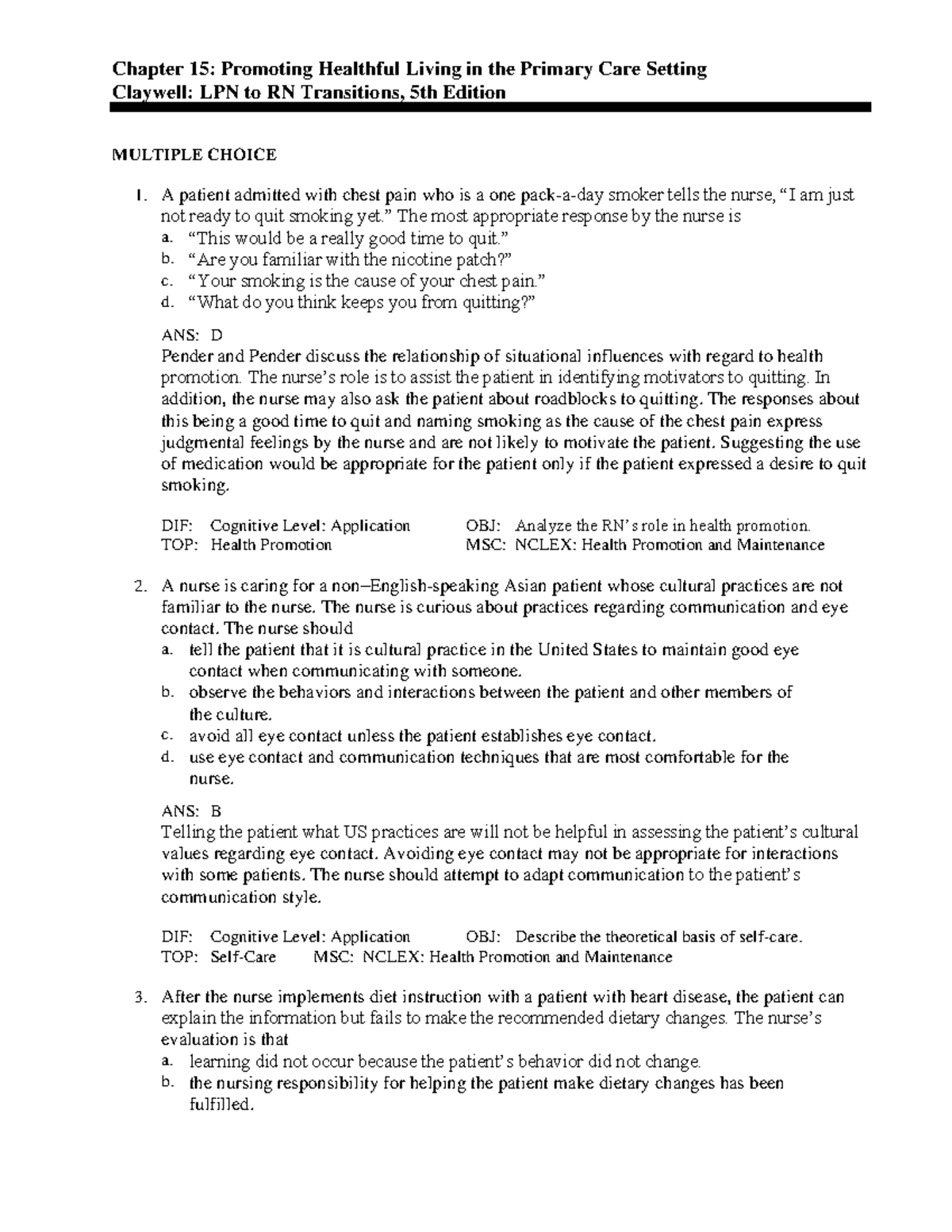 15 - study guide - Chapter 15: Promoting Healthful Living in the ...