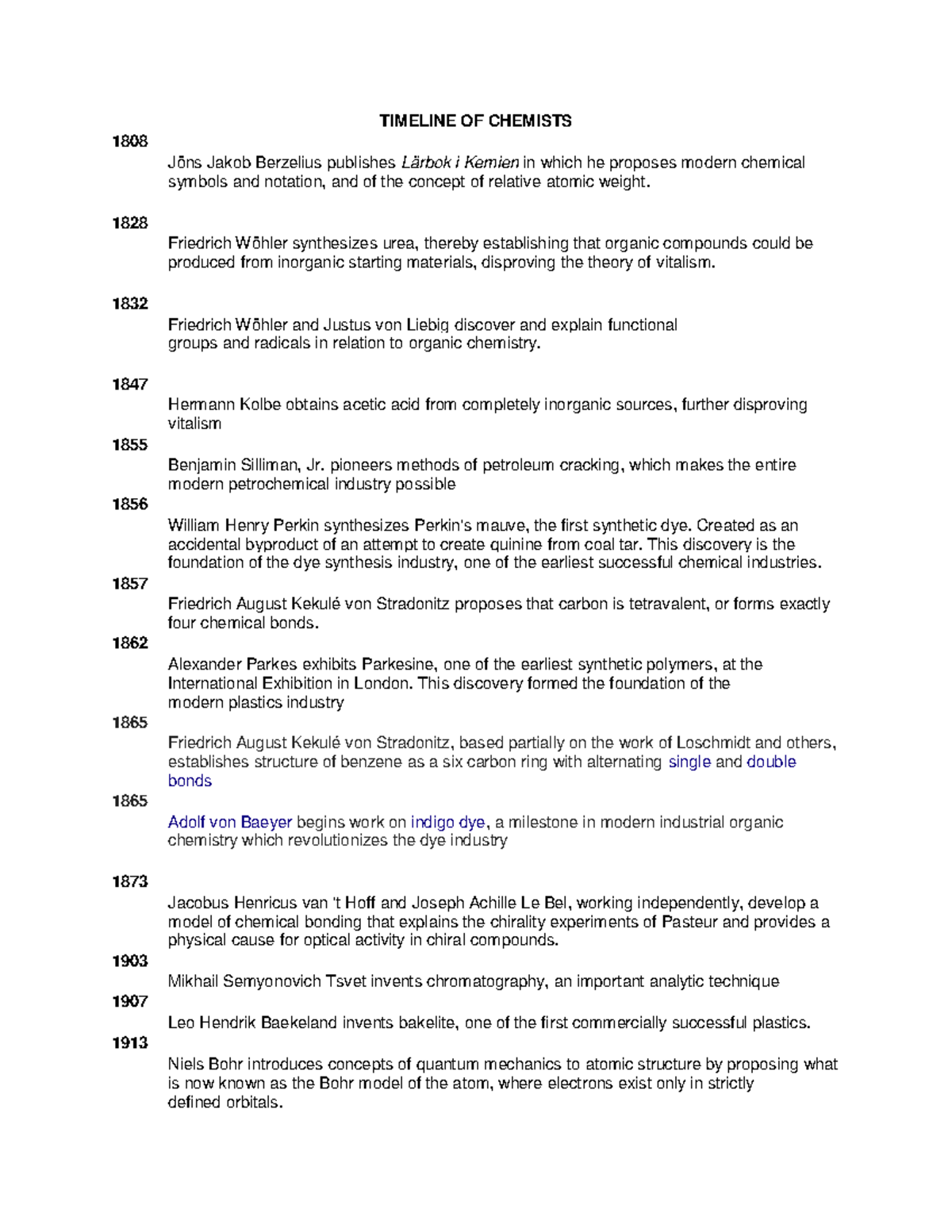 Timeline OF Chemists - Lecture notes 1 - TIMELINE OF CHEMISTS 1808 Jöns ...