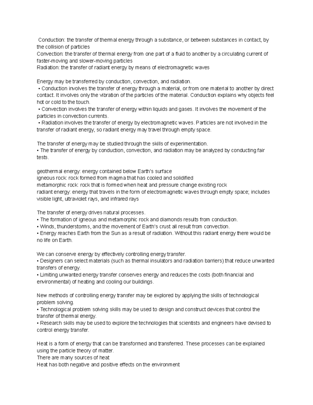 Science review sheet - Conduction: the transfer of thermal energy ...