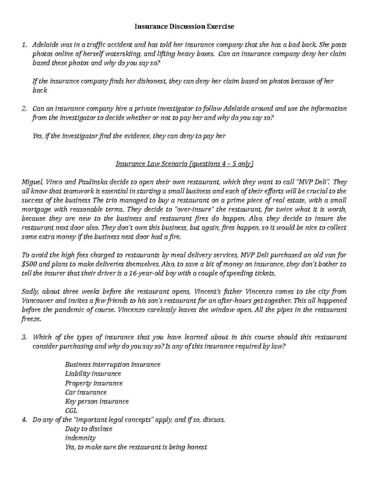 Insurance Discussion - nongraded assignment, questions may appear in ...