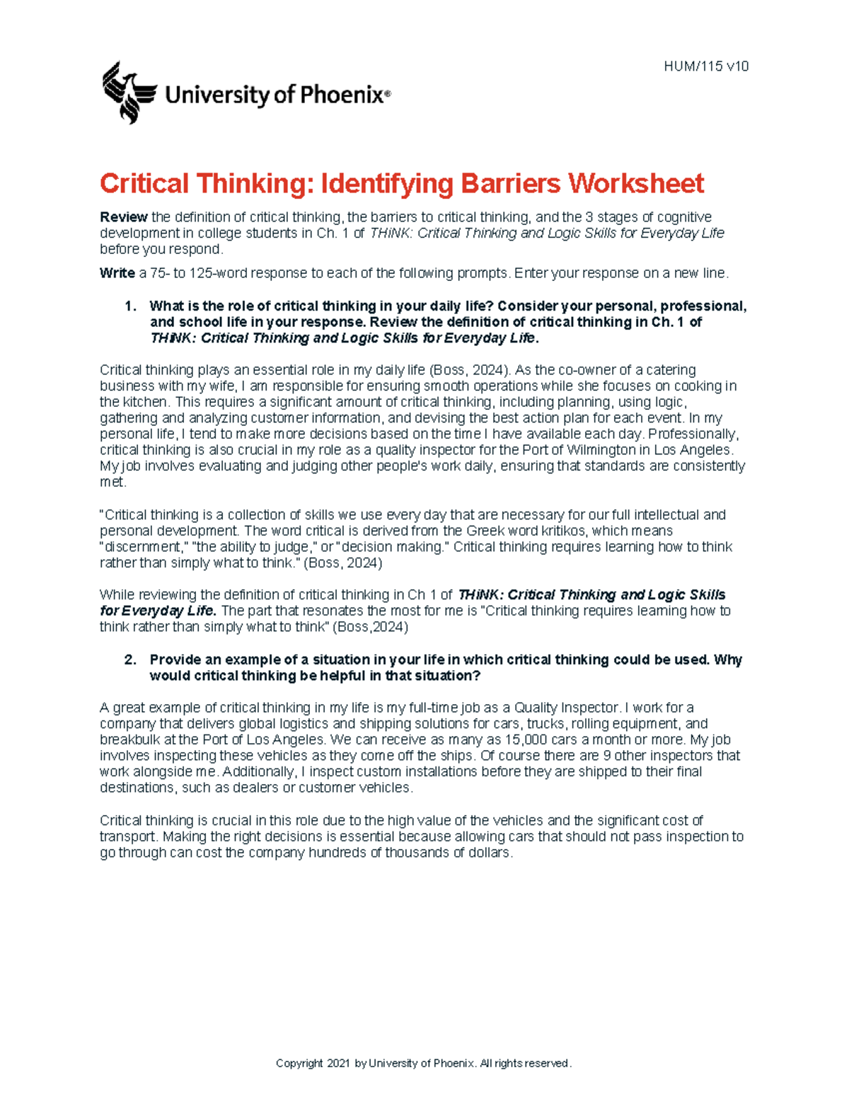 Hum115 v10 wk1 critical thinking identifying barriers worksheet ...