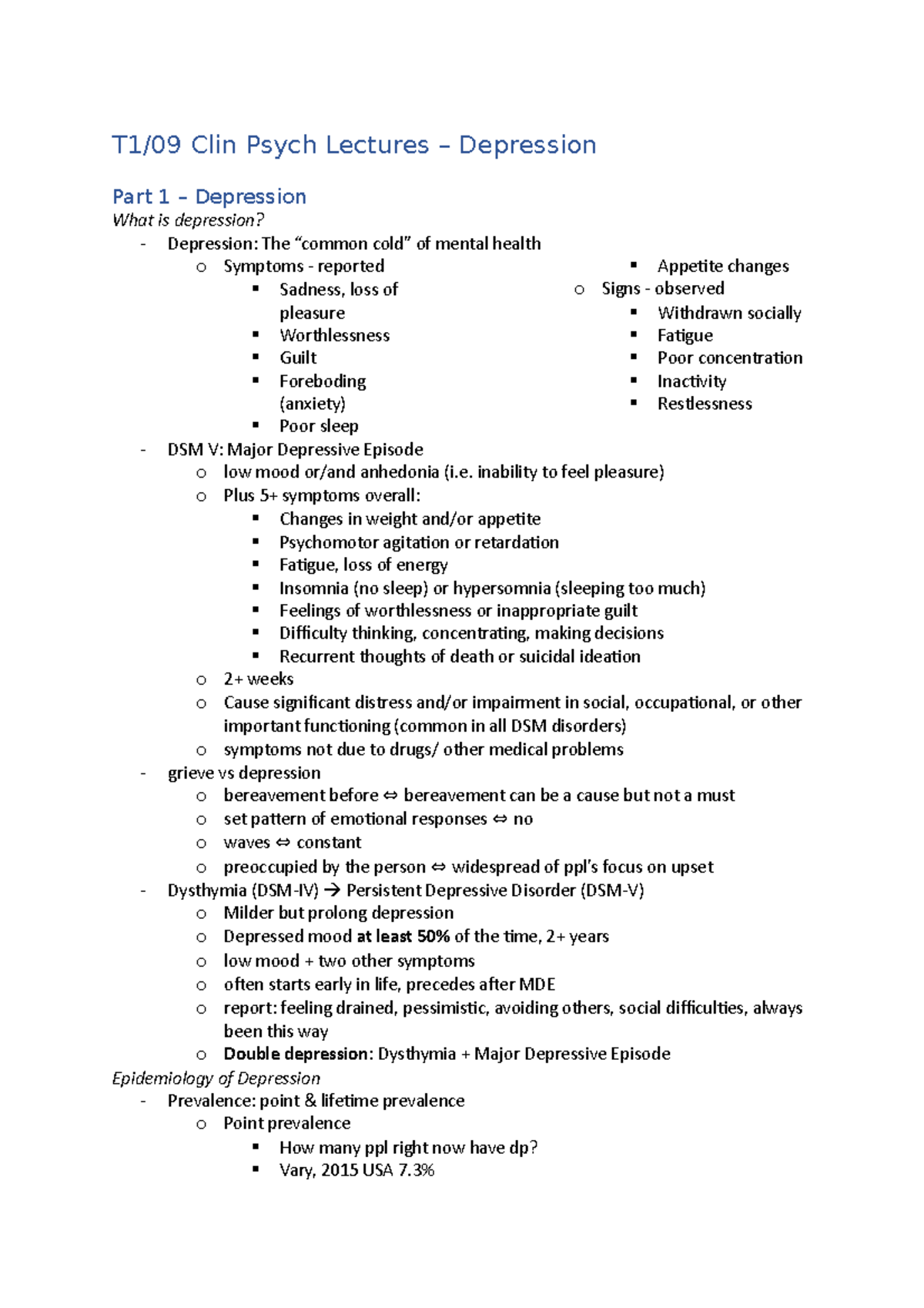T1:10 Clin Psych Lectures – Depression - T1/09 Clin Psych Lectures ...