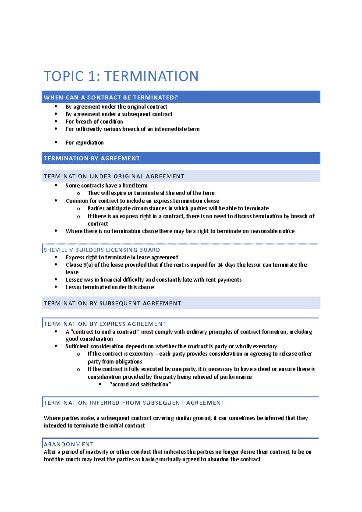 Exam Notes - TOPIC 1: TERMINATION WHEN CAN A CONTRACT BE TERMINATED? By ...