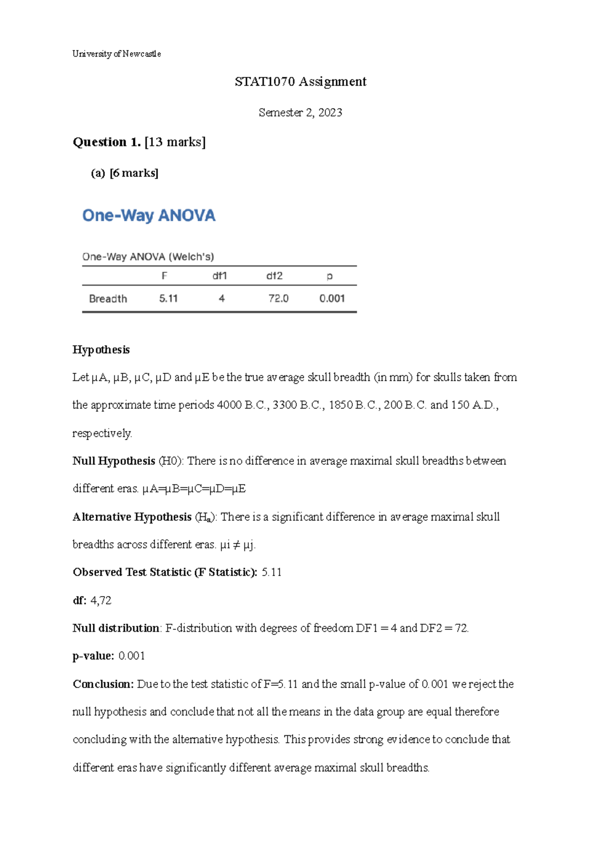 STAT1070 Assignment - STAT1070 Assignment Semester 2, 2023 Question 1. [13 marks] (a) [6 marks ...