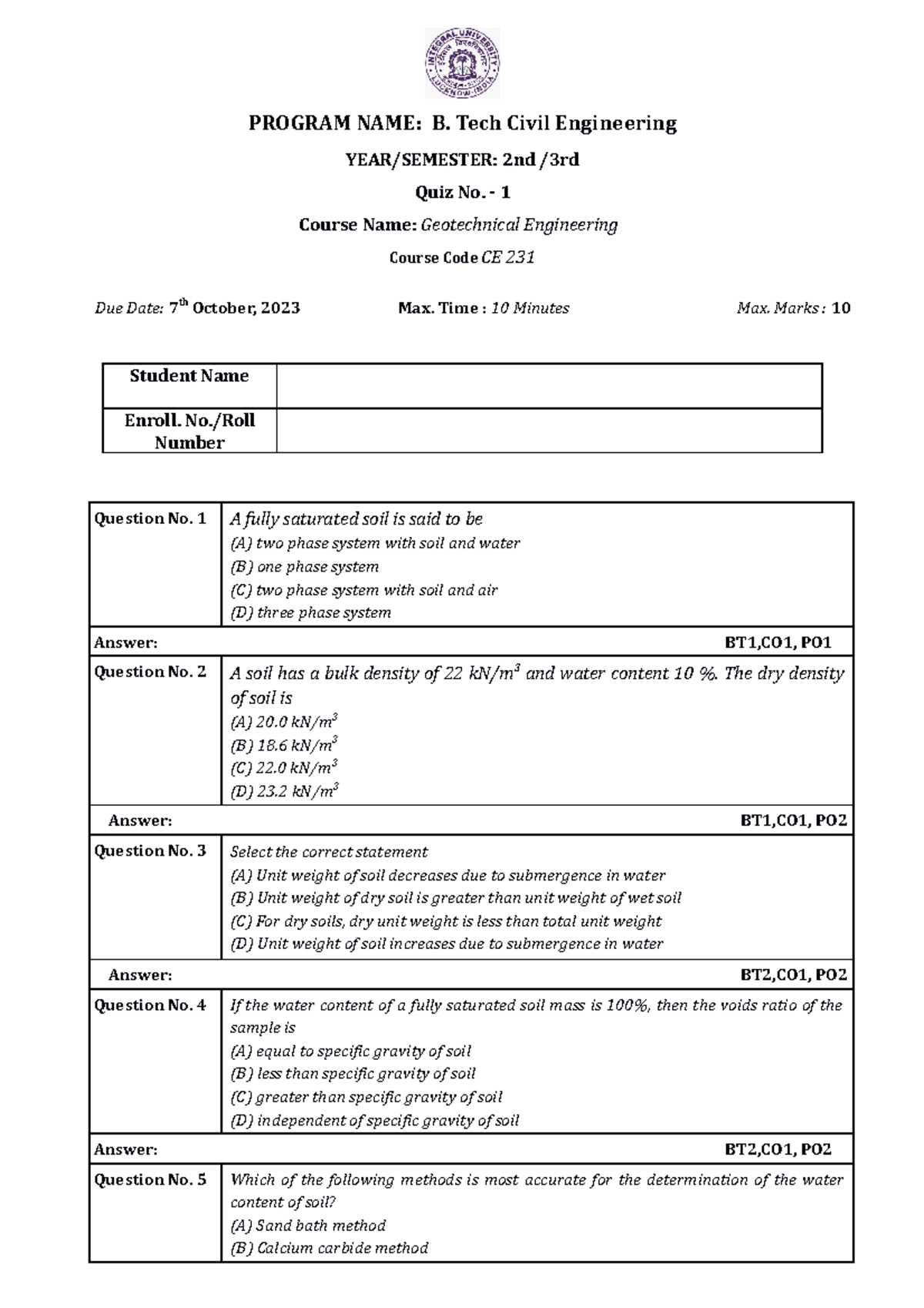 CE-2nd Year Quiz Test - PROGRAM NAME: B. Tech Civil Engineering YEAR ...