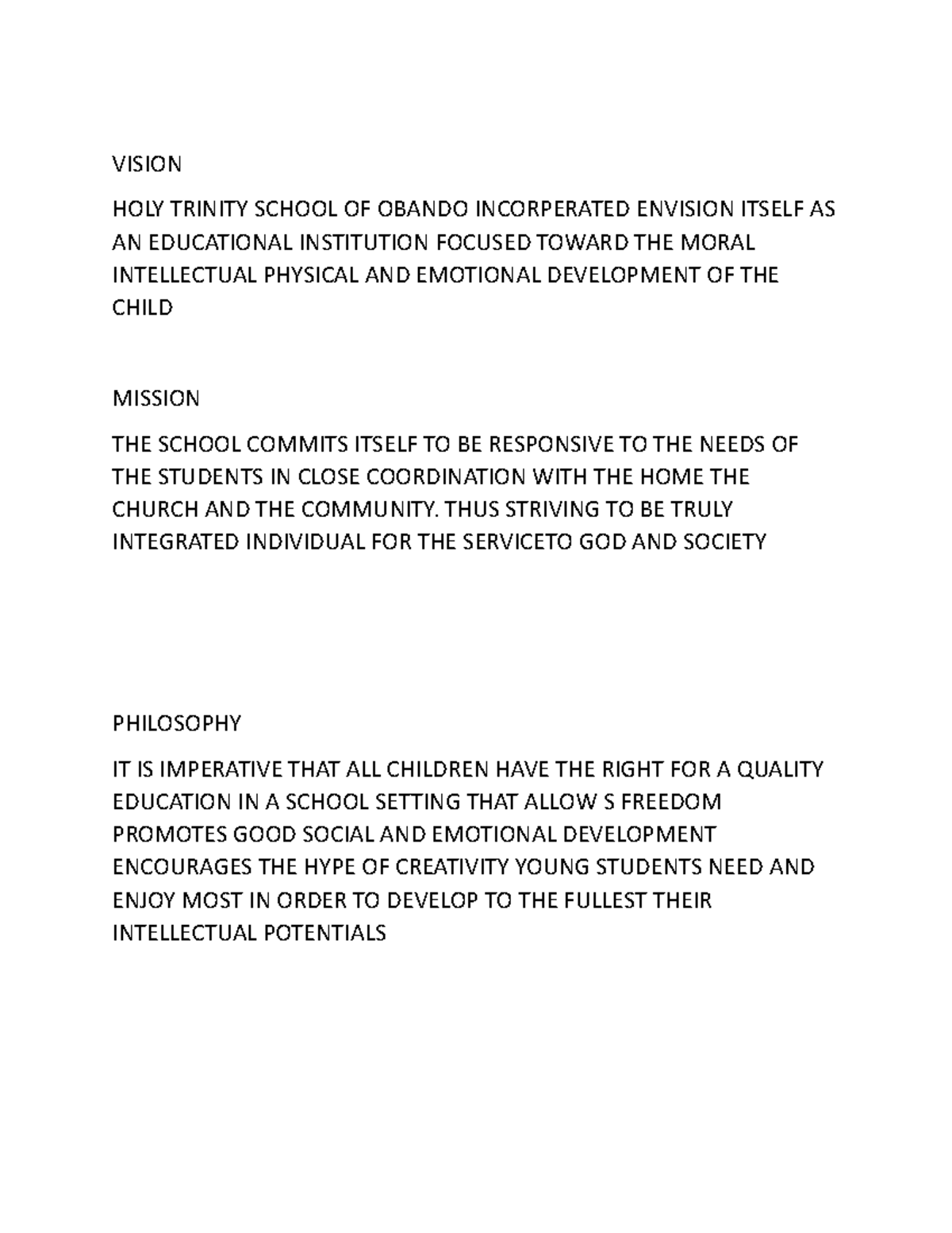 HTS Vision Mission and its great and beautiful - VISION HOLY TRINITY ...