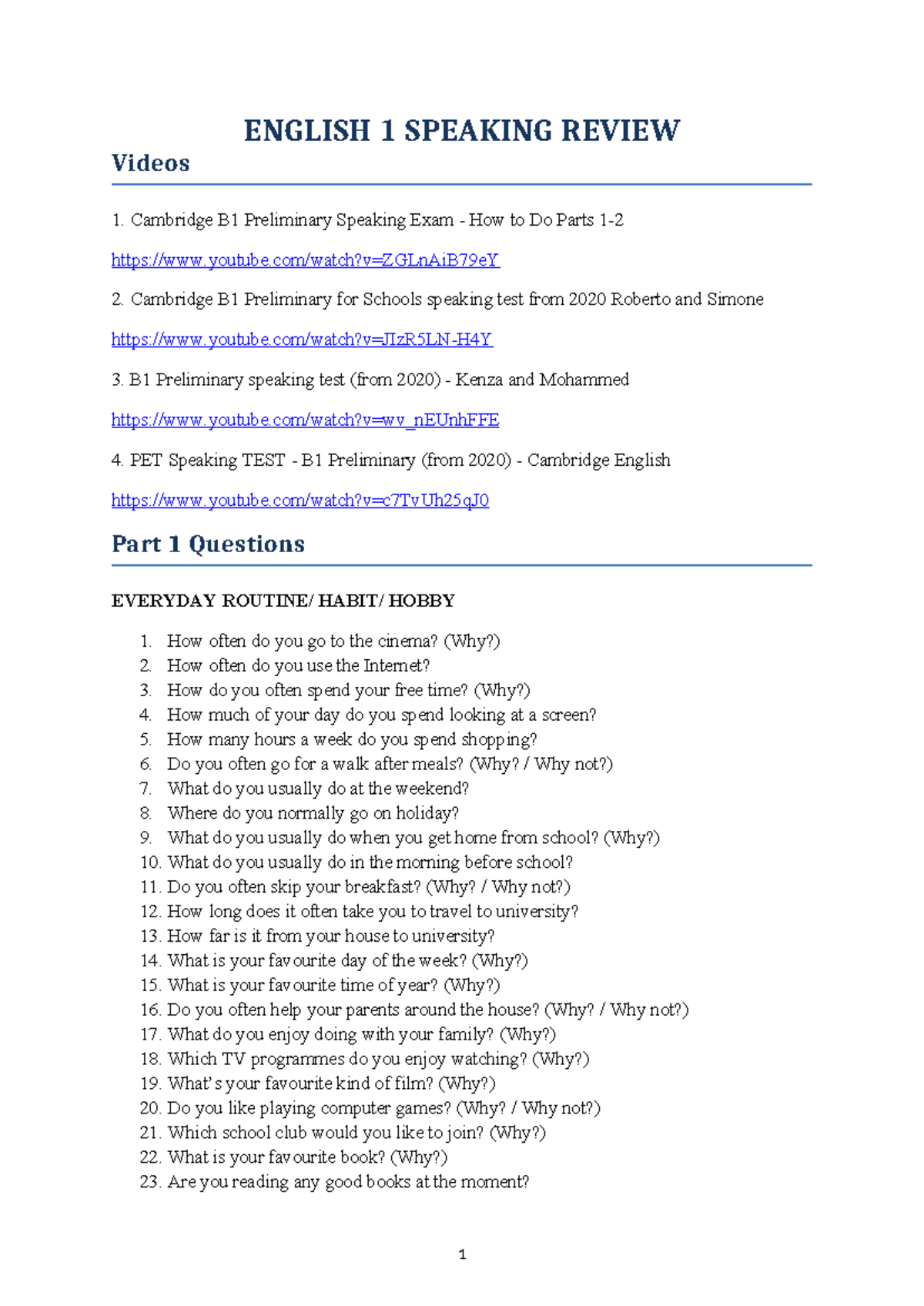 6 - xvjgxty82878y3iudyiwy - ENGLISH 1 SPEAKING REVIEW Videos 1 ...