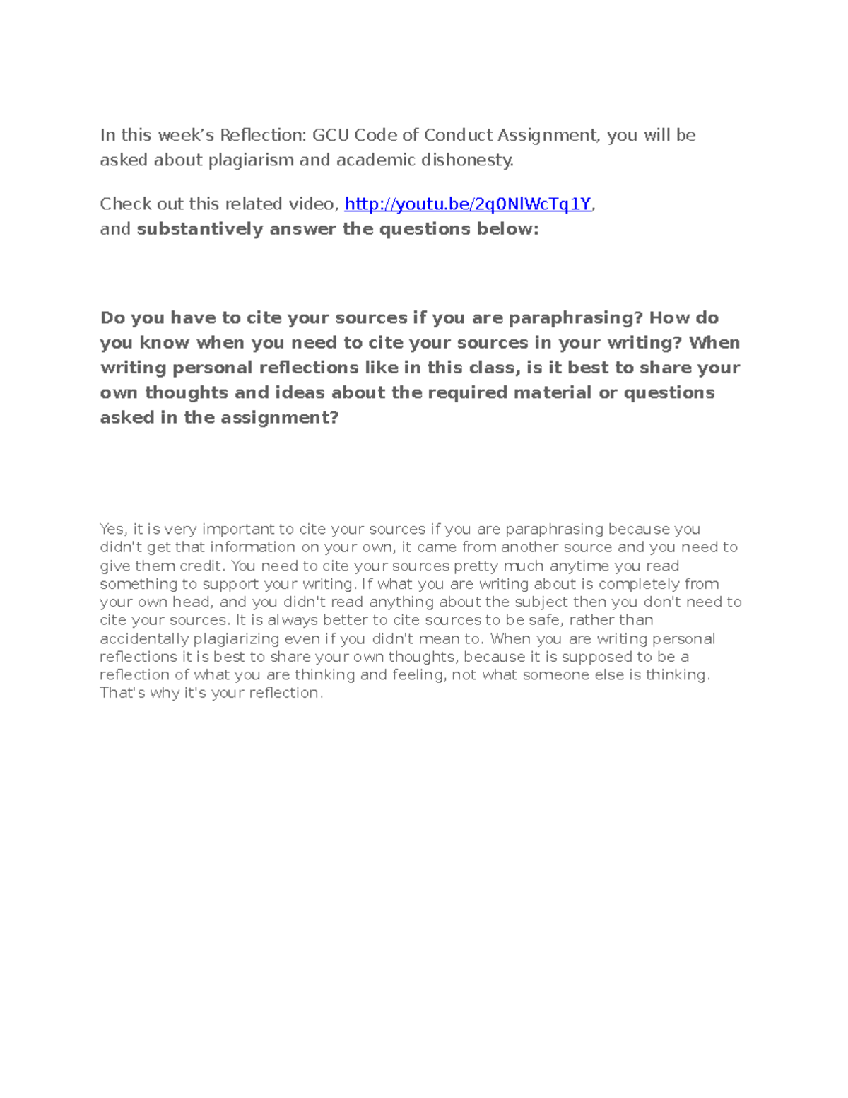 How to Avoid Plagiarism - In this week’s Reflection: GCU Code of ...