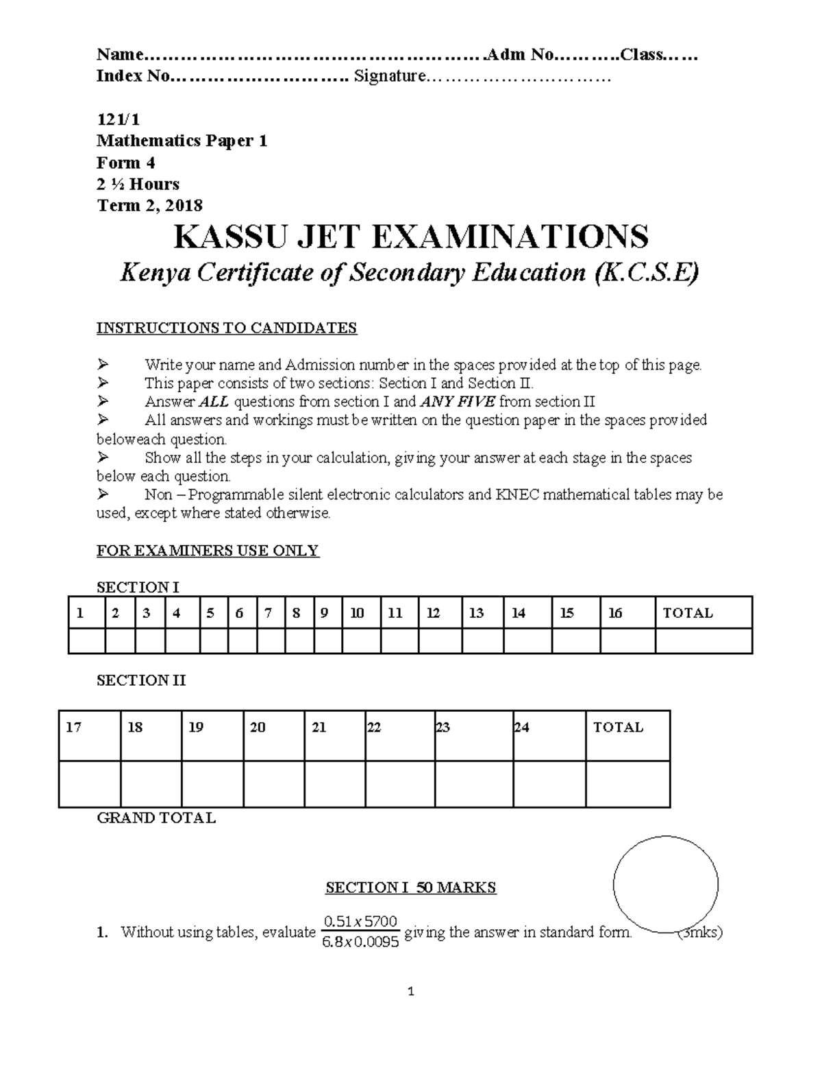 Mathematics Paper 1 Questions - Name