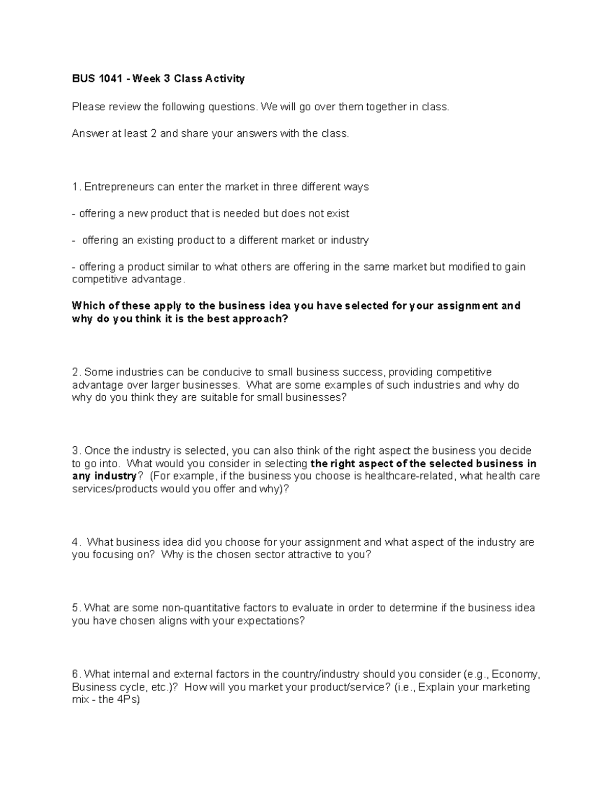 BUS 1041 - Week 3 Class Activity 2- Students Copy - 2 - BUS 1041 - Week ...