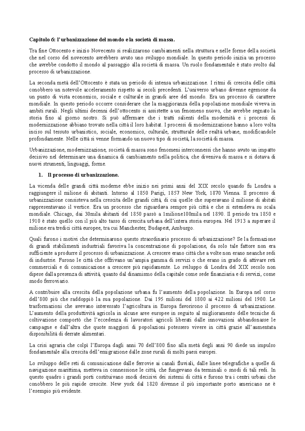 Capitolo 6 - Capitolo 6: l’urbanizzazione del mondo e la società di ...